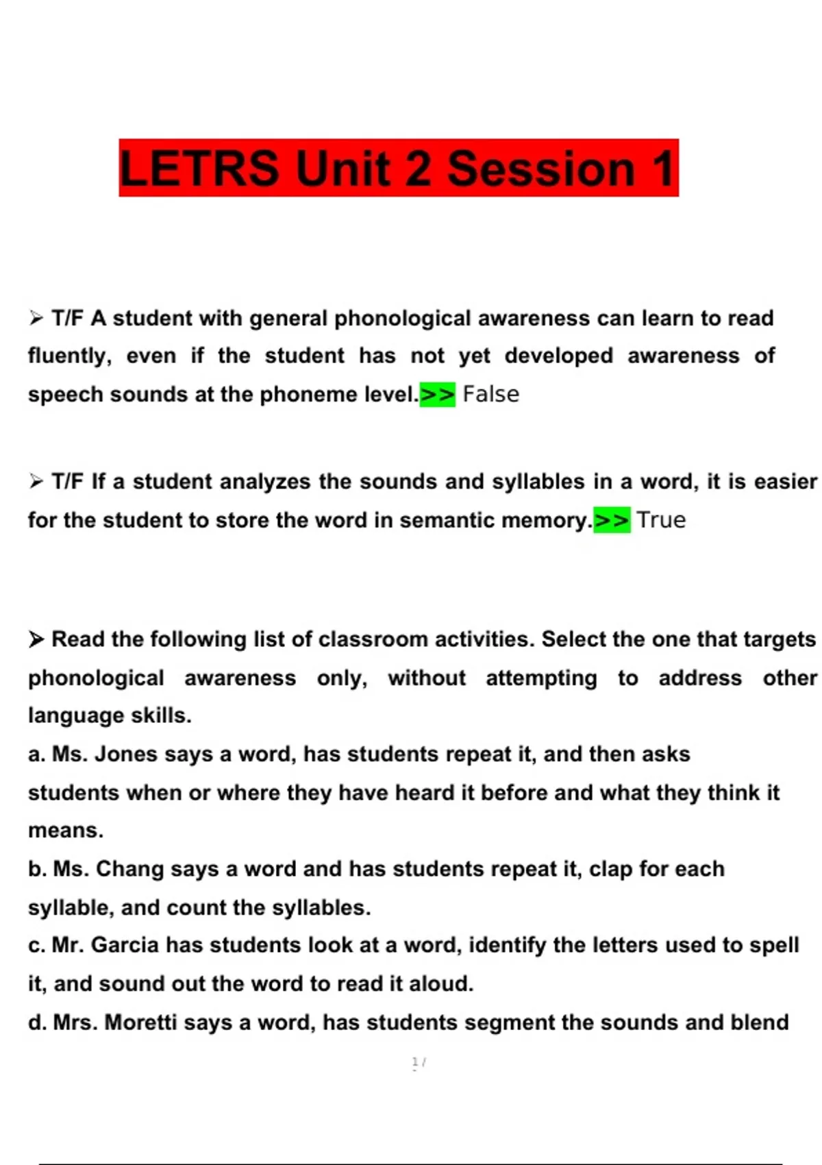 LETRS Unit 2 Session 1 Questions with complete solutions - LETRS Unit 2 ...
