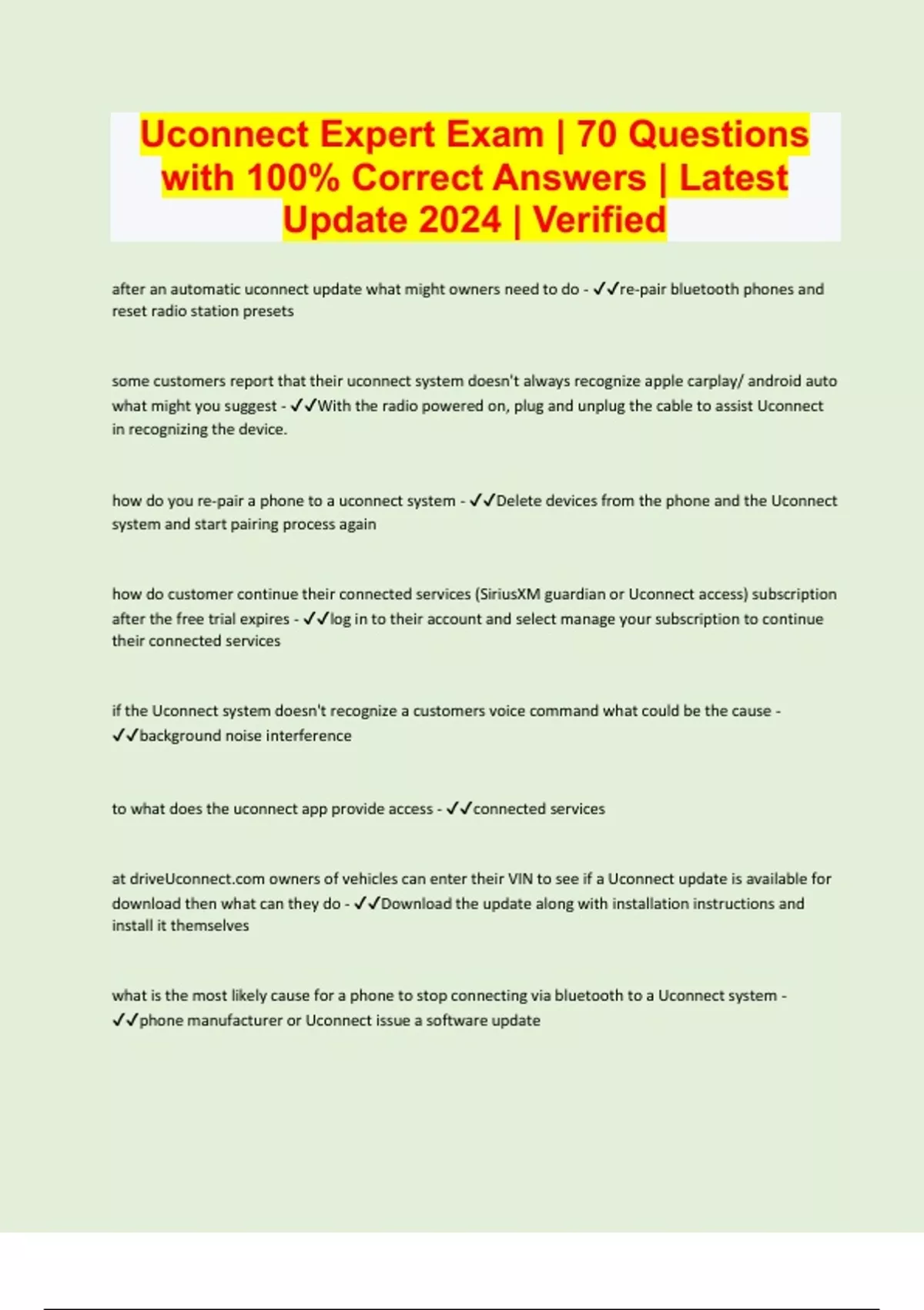 Uconnect Expert Exam | 70 Questions with 100% Correct Answers | Latest ...
