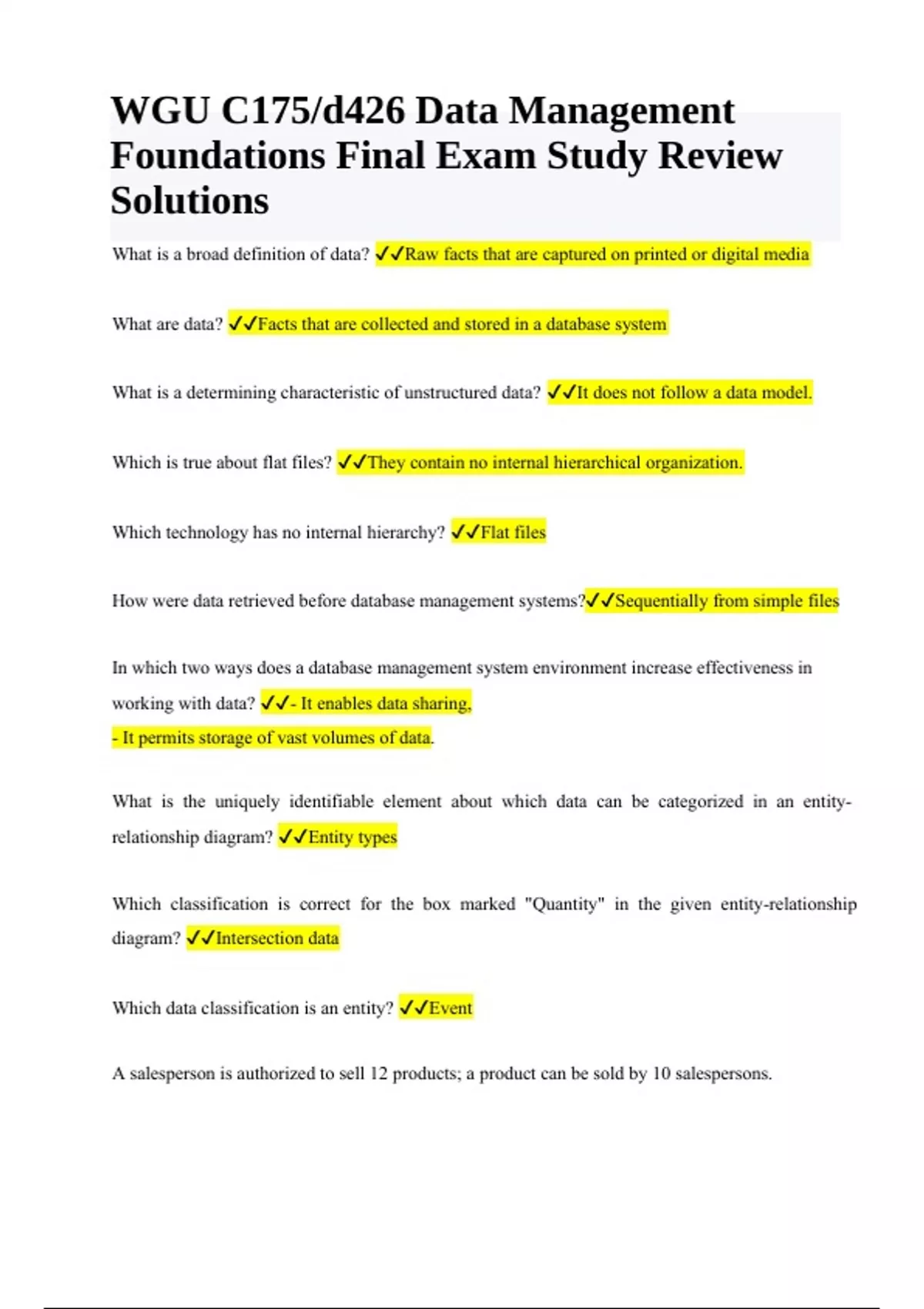 WGU C175/d426 Data Management Foundations Final Exam Study Review ...