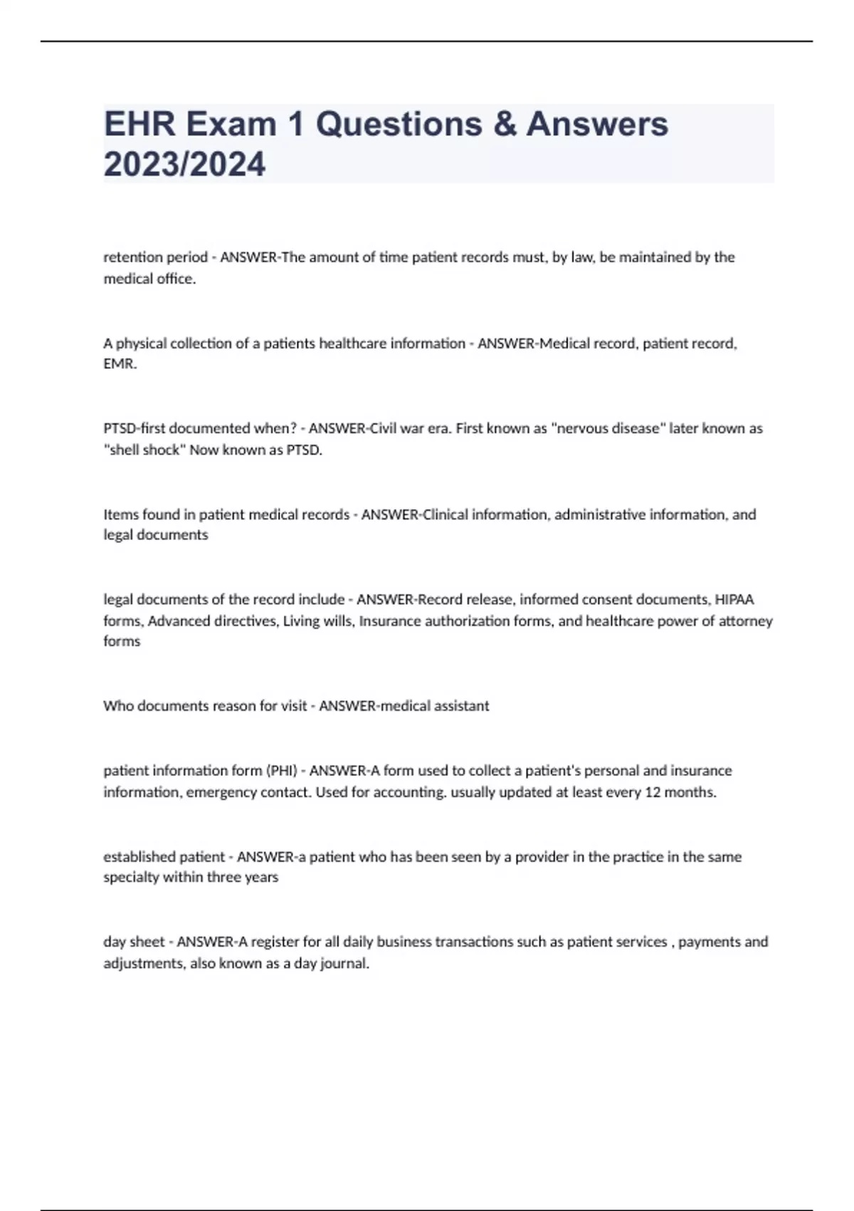 EHR Exam 1 Questions & Answers 2023/2024 - EHR - Stuvia US