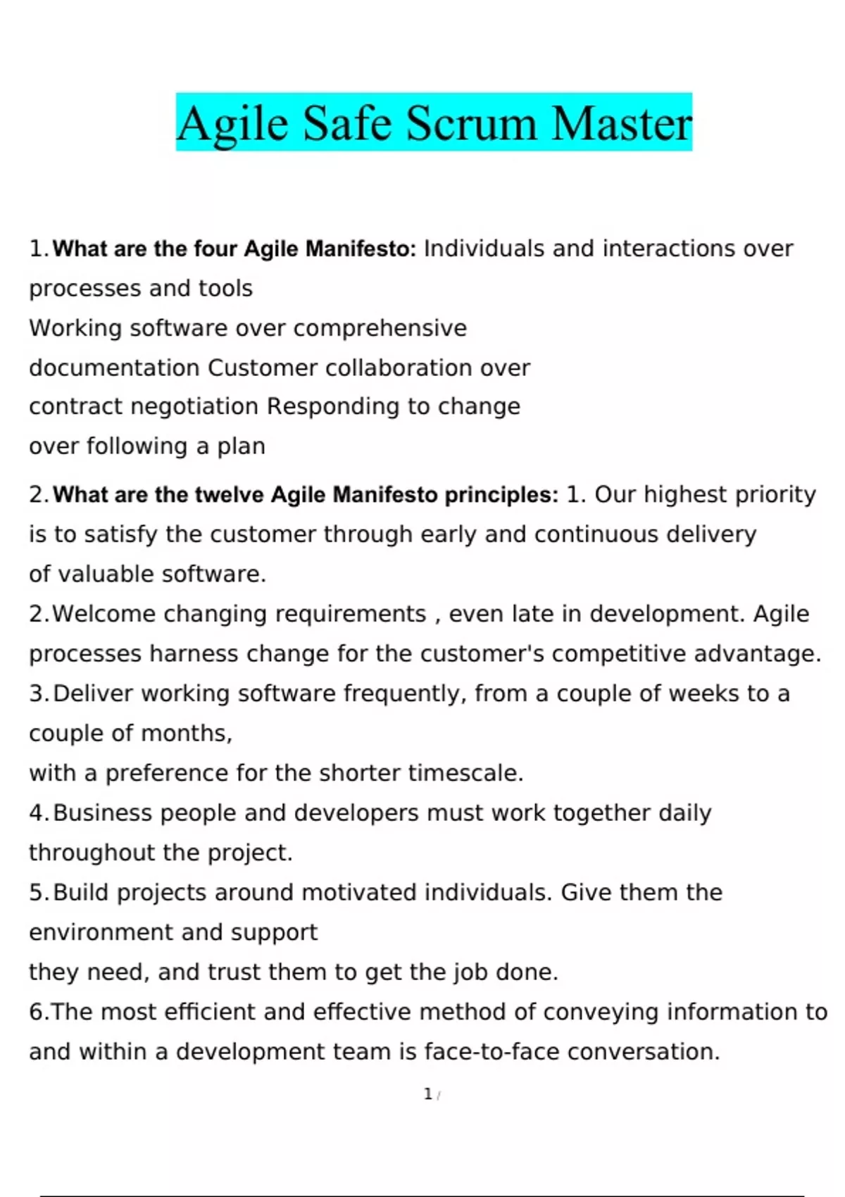Agile Safe Scrum Master Questions with complete solutions - SAFe Agile ...