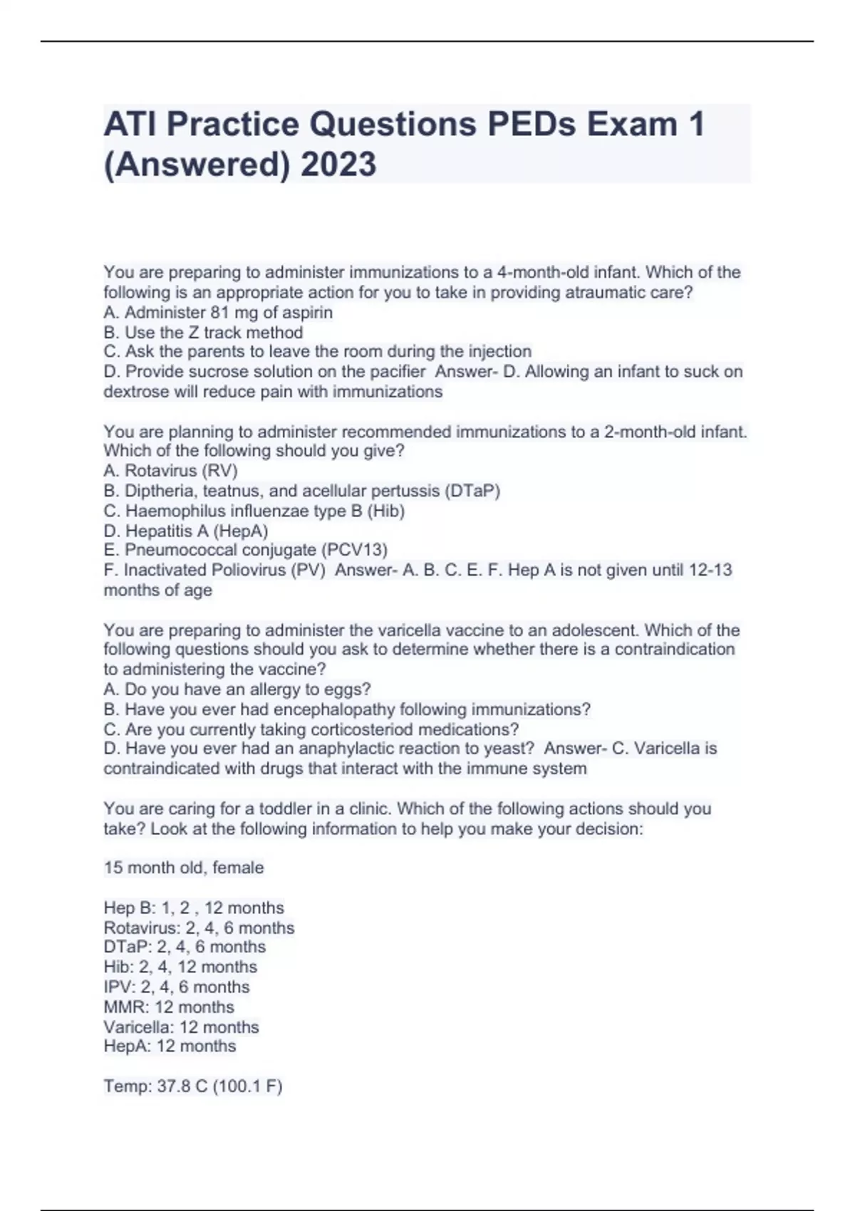 ATI Practice Questions PEDs Exam 1 (Answered) 2023 - ATI PEDs - Stuvia US