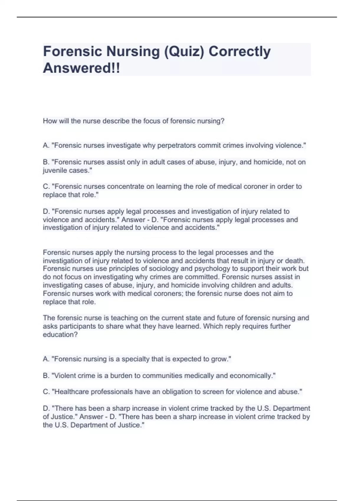 Forensic Nursing (Quiz) Correctly Answered!! - Forensic Nursing - Stuvia US
