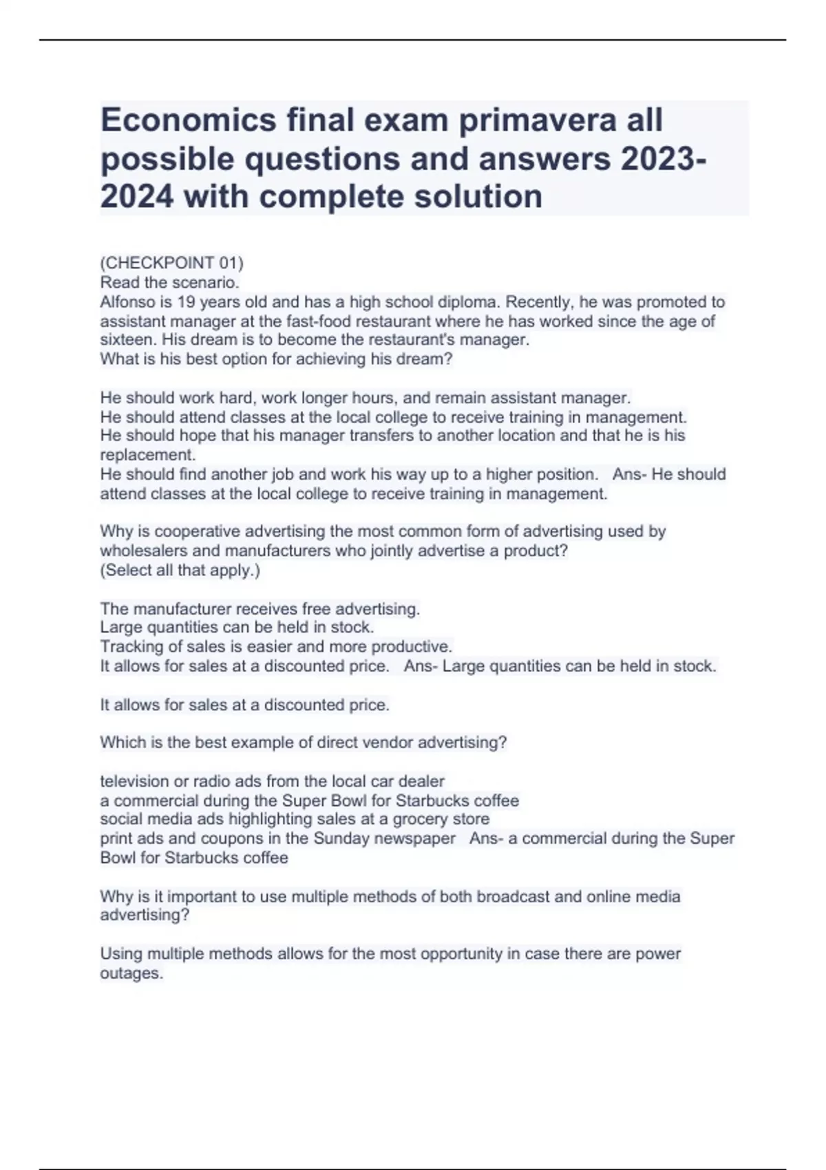 Economics final exam primavera all possible questions and answers with ...