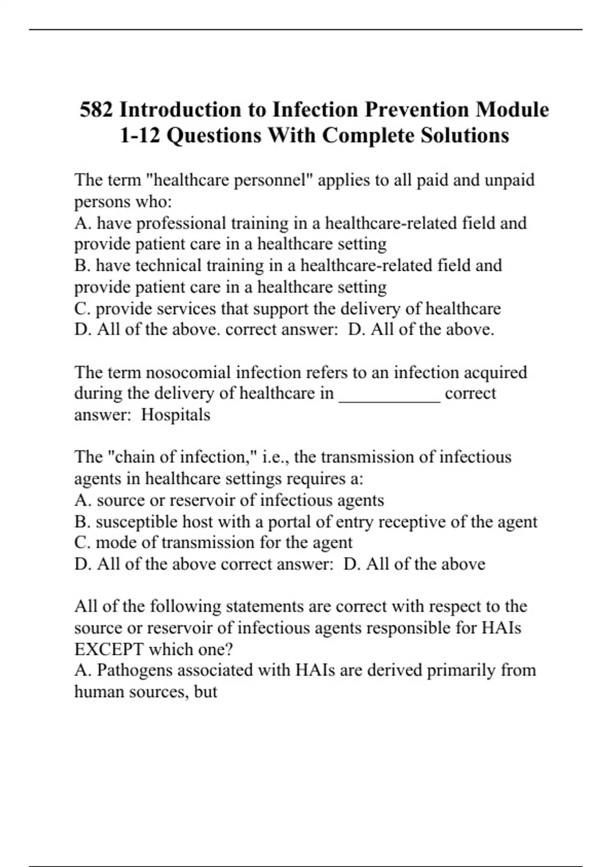 582 Introduction to Infection Prevention Module 1-12 Questions With ...