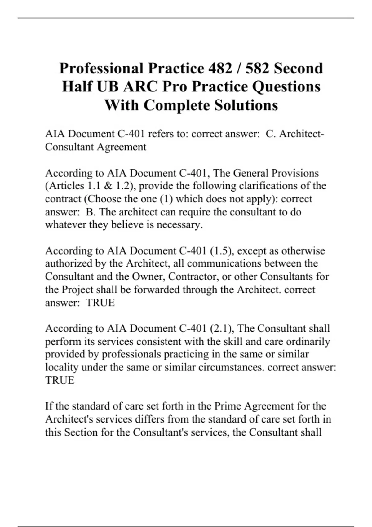 Professional Practice 482 / 582 Second Half UB ARC Pro Practice Questions With Complete ...