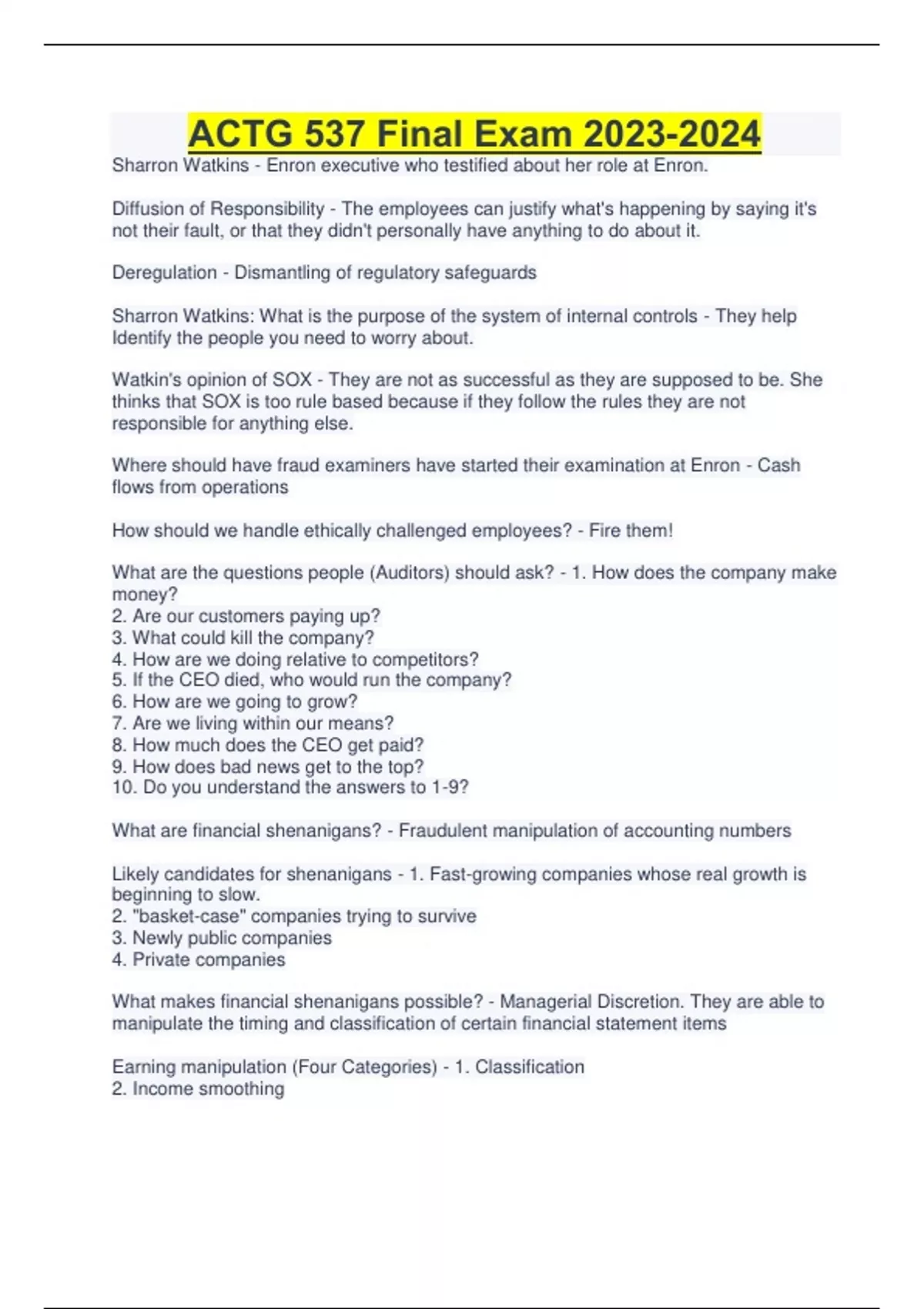 ACTG 537 Final Exam - ACTG 537 - Stuvia US