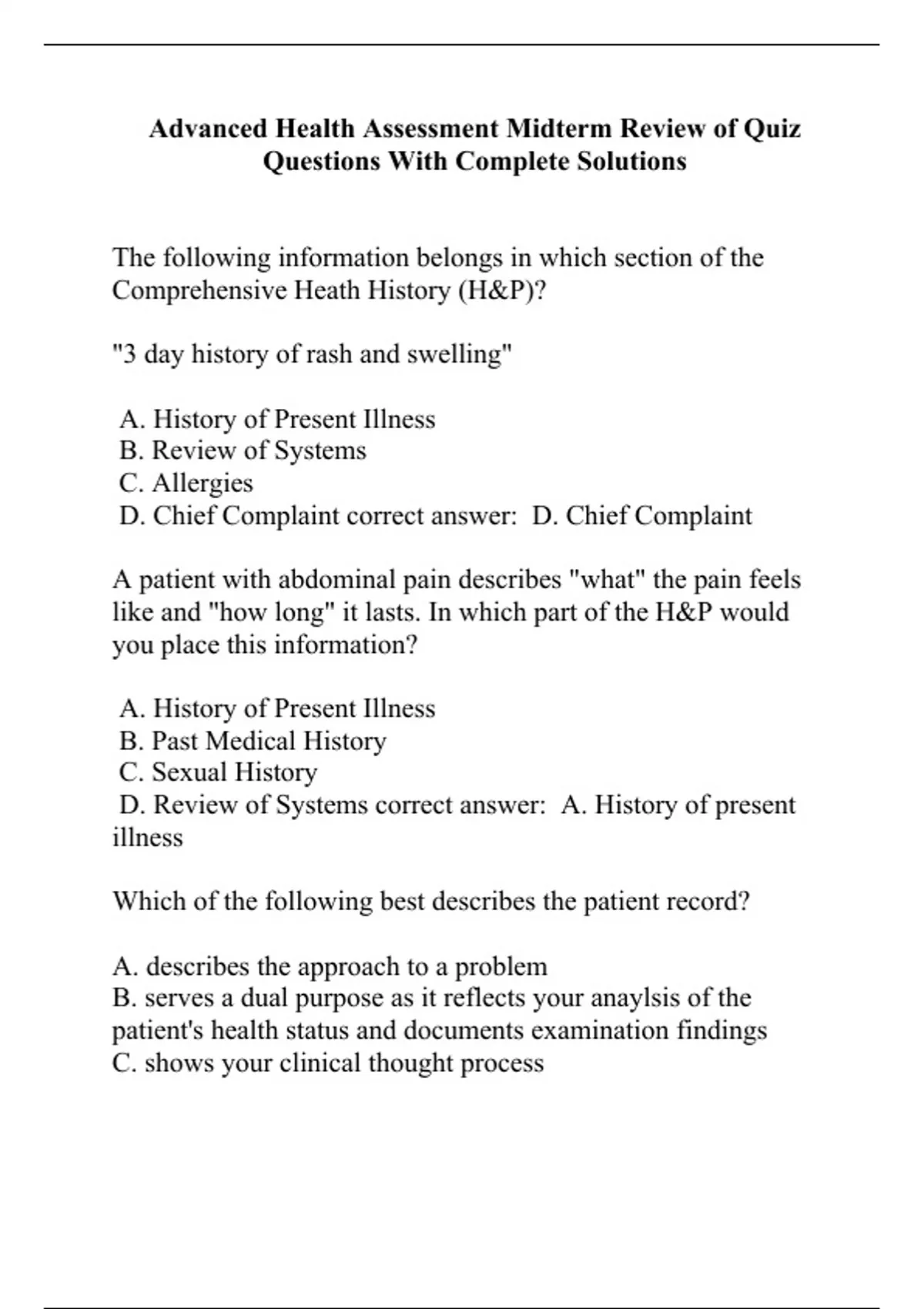 Advanced Health Assessment Midterm Review of Quiz Questions With ...