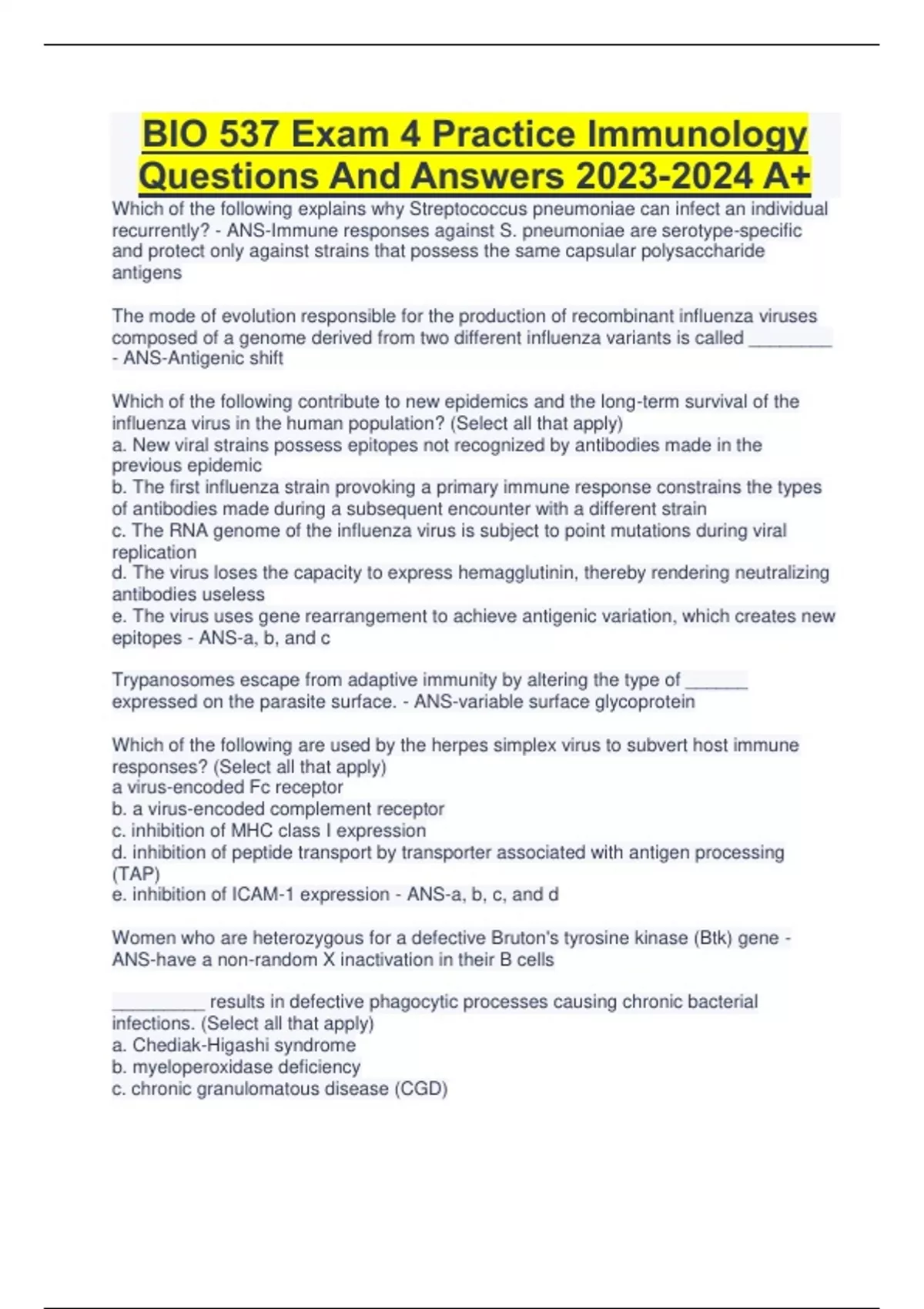 BIO 537 Exam 4 Practice Immunology Questions And Answers A+ - BIO 537 ...