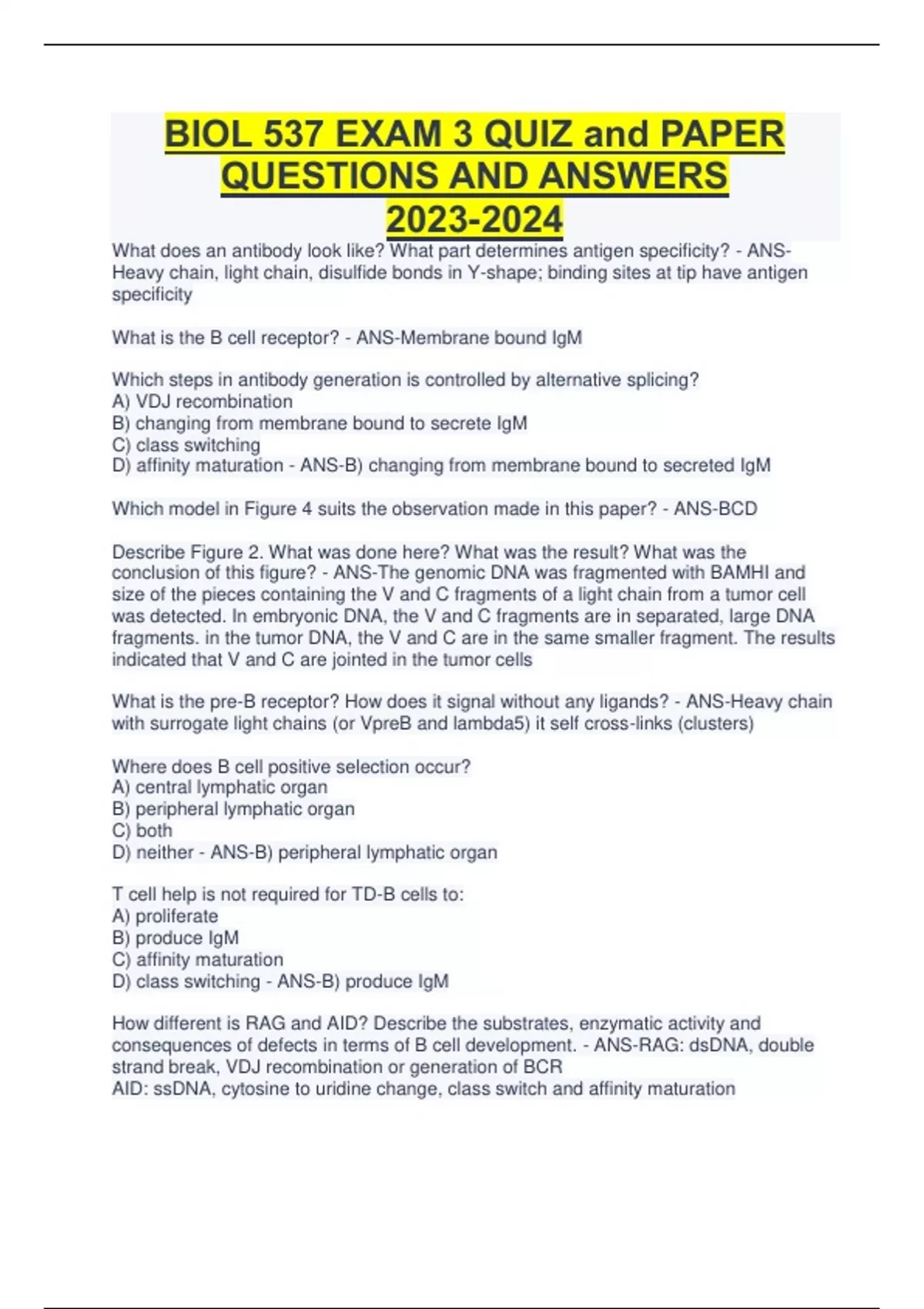 BIOL 537 EXAM 3 QUIZ and PAPER QUESTIONS AND ANSWERS - BIOL 537 - Stuvia US