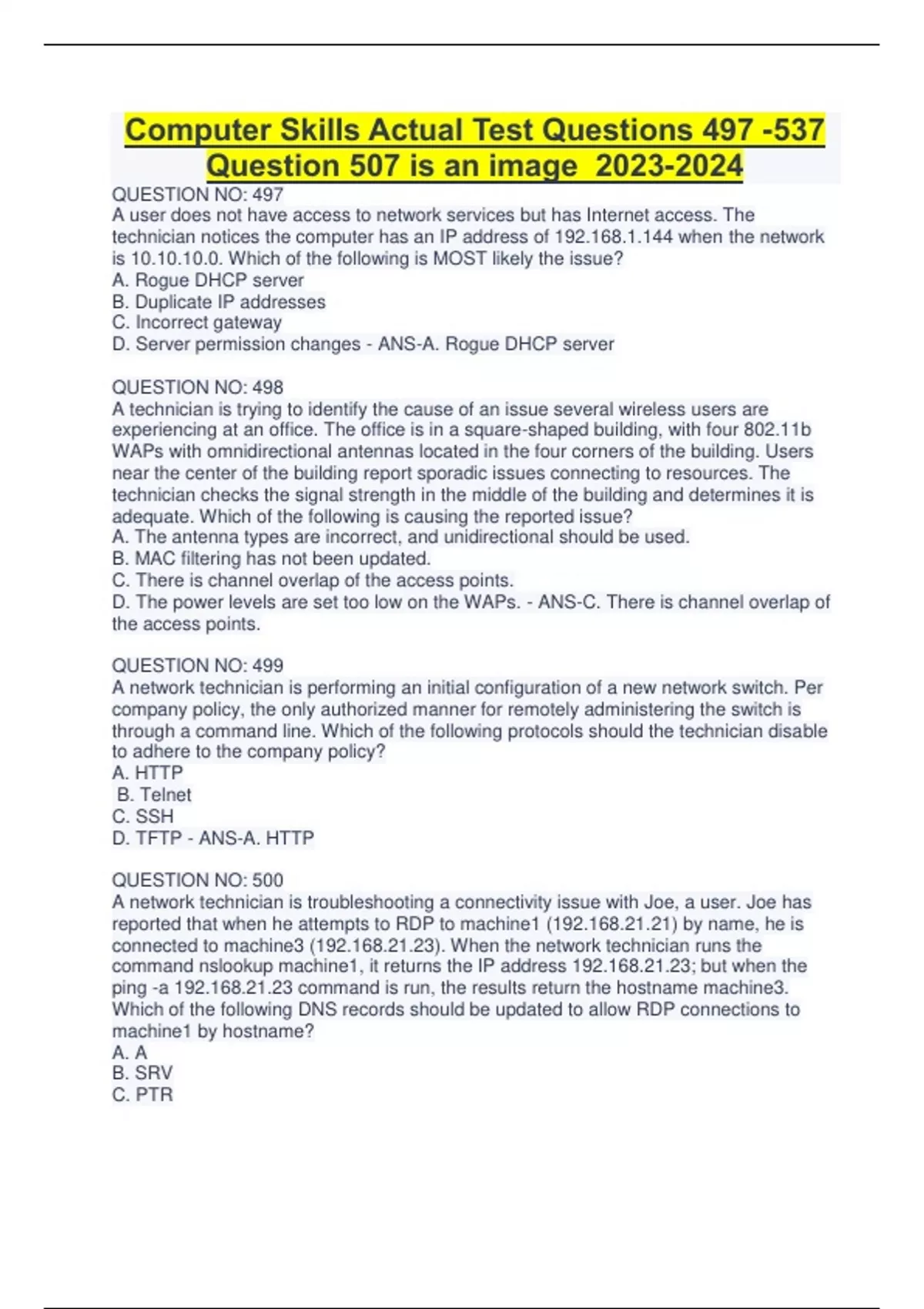 Computer Skills Actual Test Questions 497 -537 Question 507 is an image ...