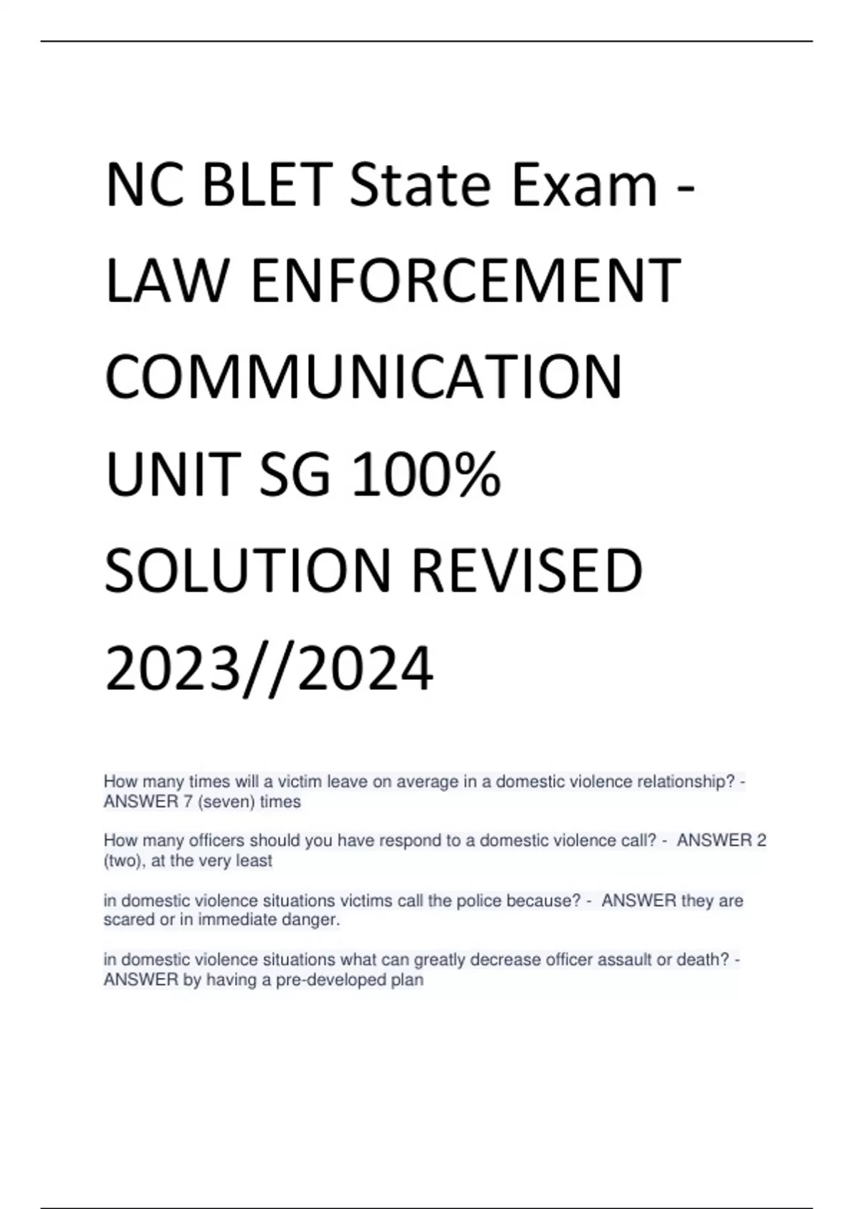 NC BLET State Exam - LAW ENFORCEMENT COMMUNICATION UNIT SG 100% ...