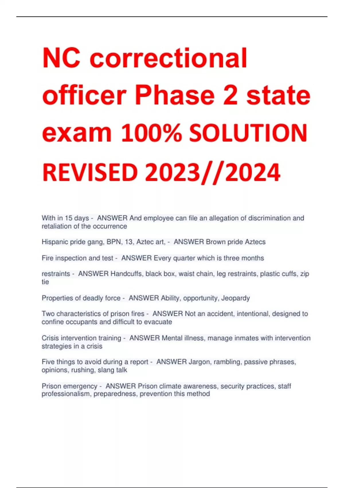 NC correctional officer Phase 2 state exam 100% SOLUTION REVISED 2023 ...