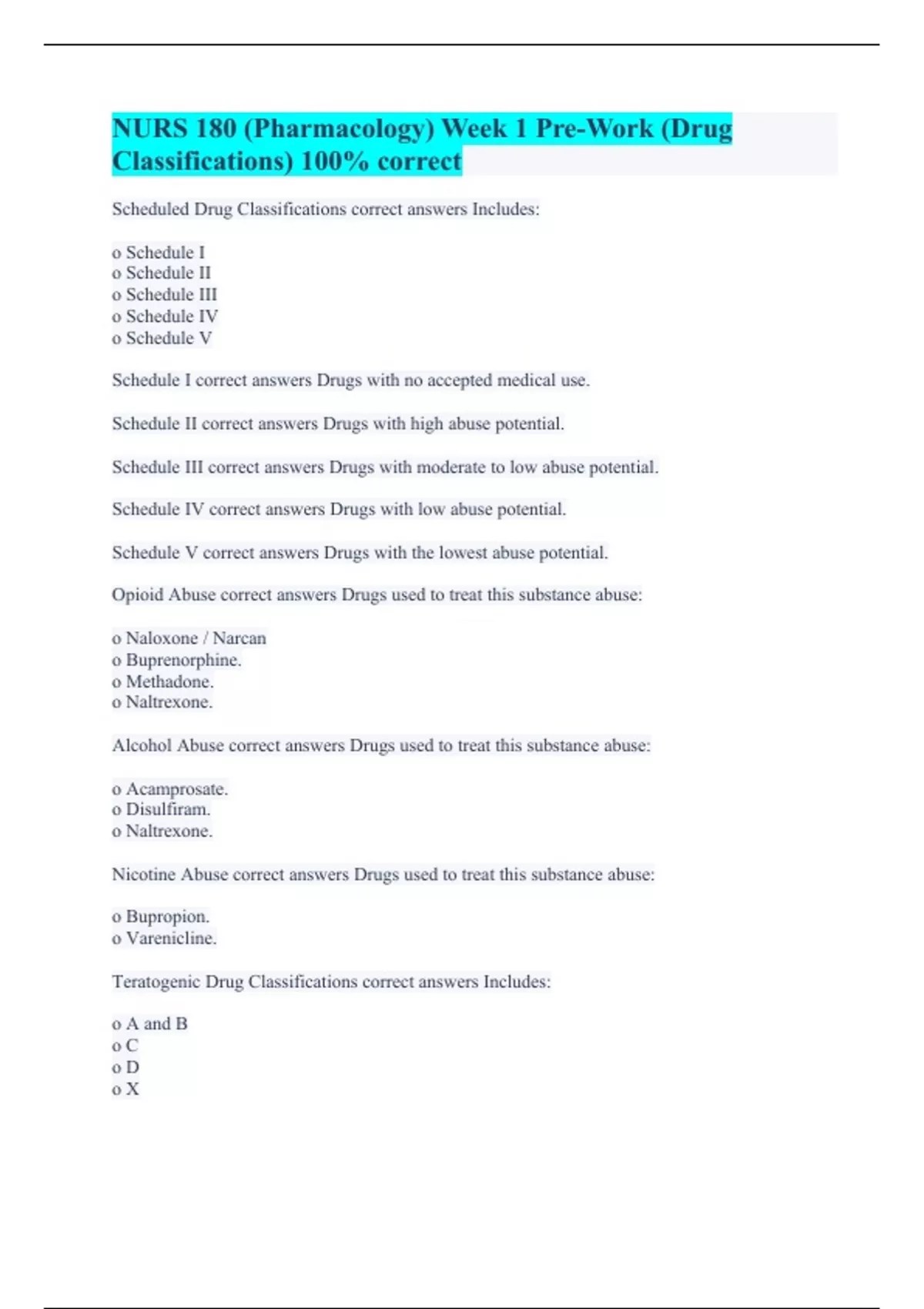 NURS 180 (Pharmacology) Week 1 Pre-Work (Drug Classifications) 100% ...