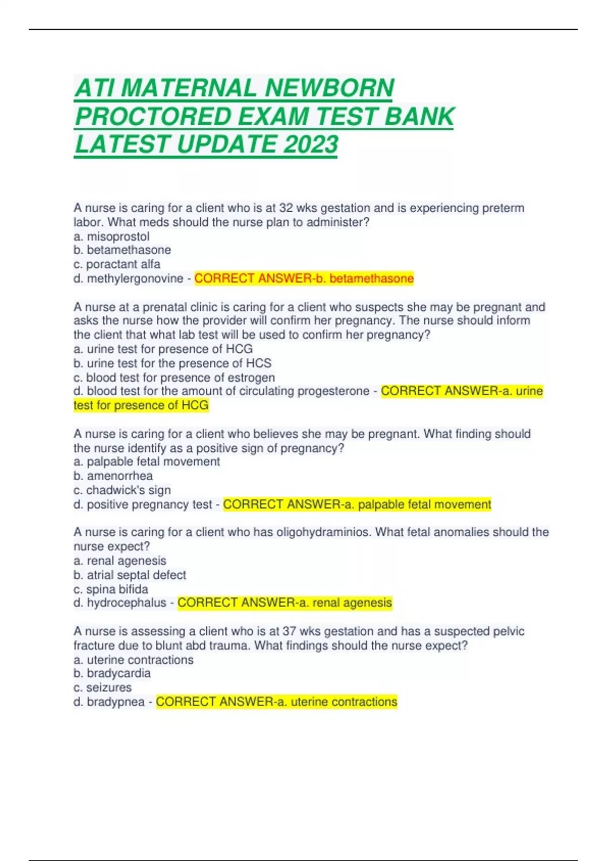 ATI MATERNAL NEWBORN PROCTORED EXAM TEST BANK LATEST UPDATE 2023 - ATI ...