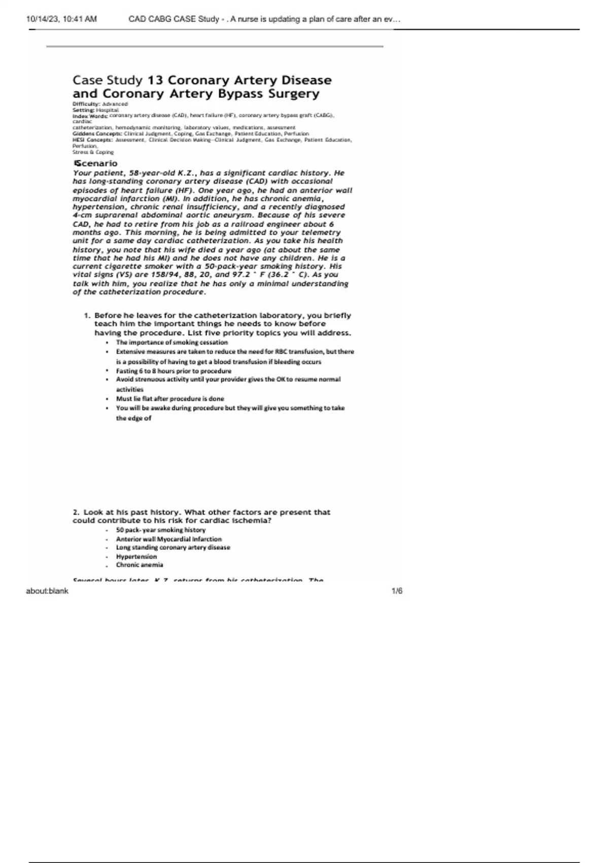 CAD CABG CASE Study Case Study 13 Coronary Artery Disease and Coronary ...
