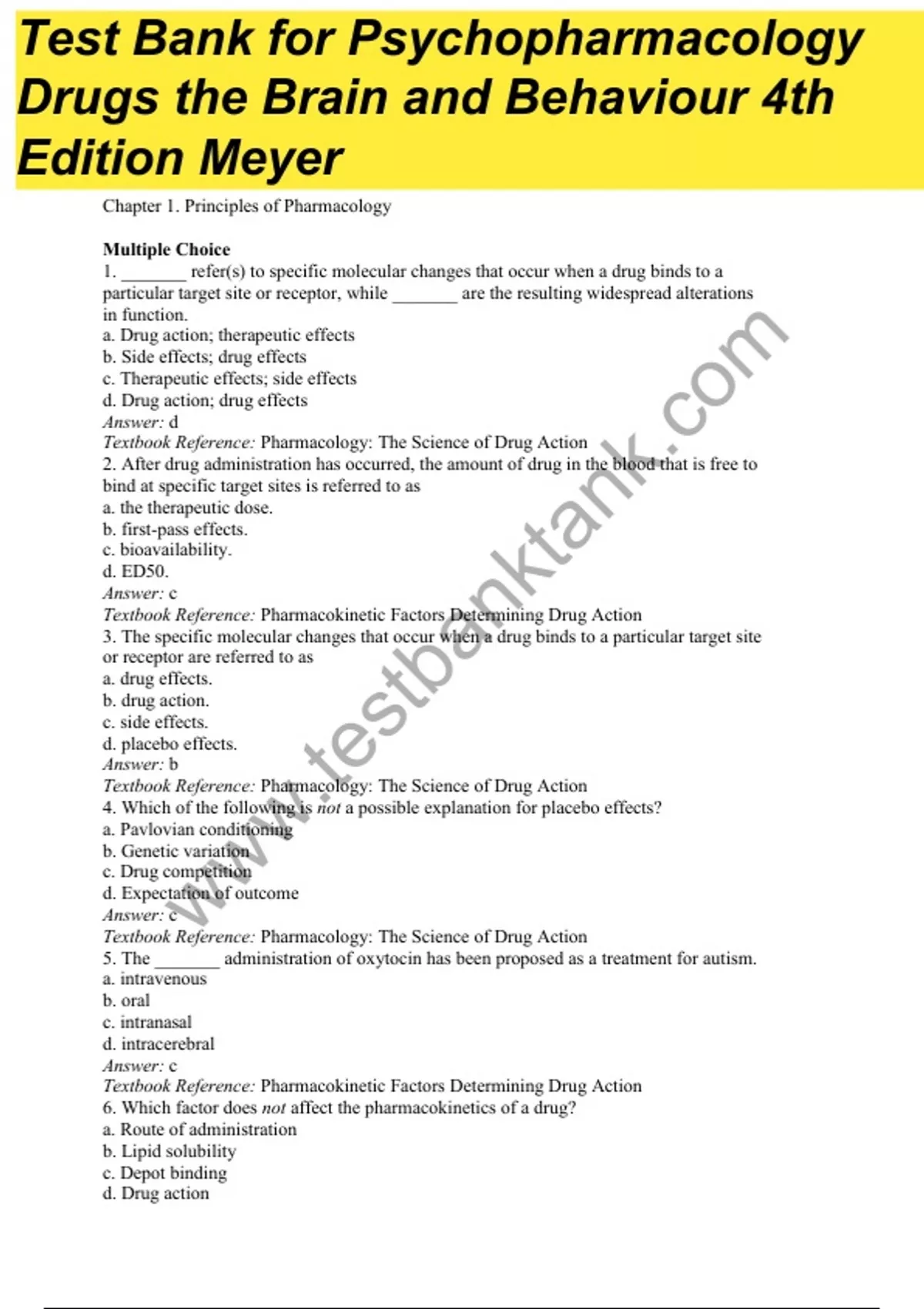 Test Bank For Psychopharmacology Drugs the Brain and Behavior 4th ...