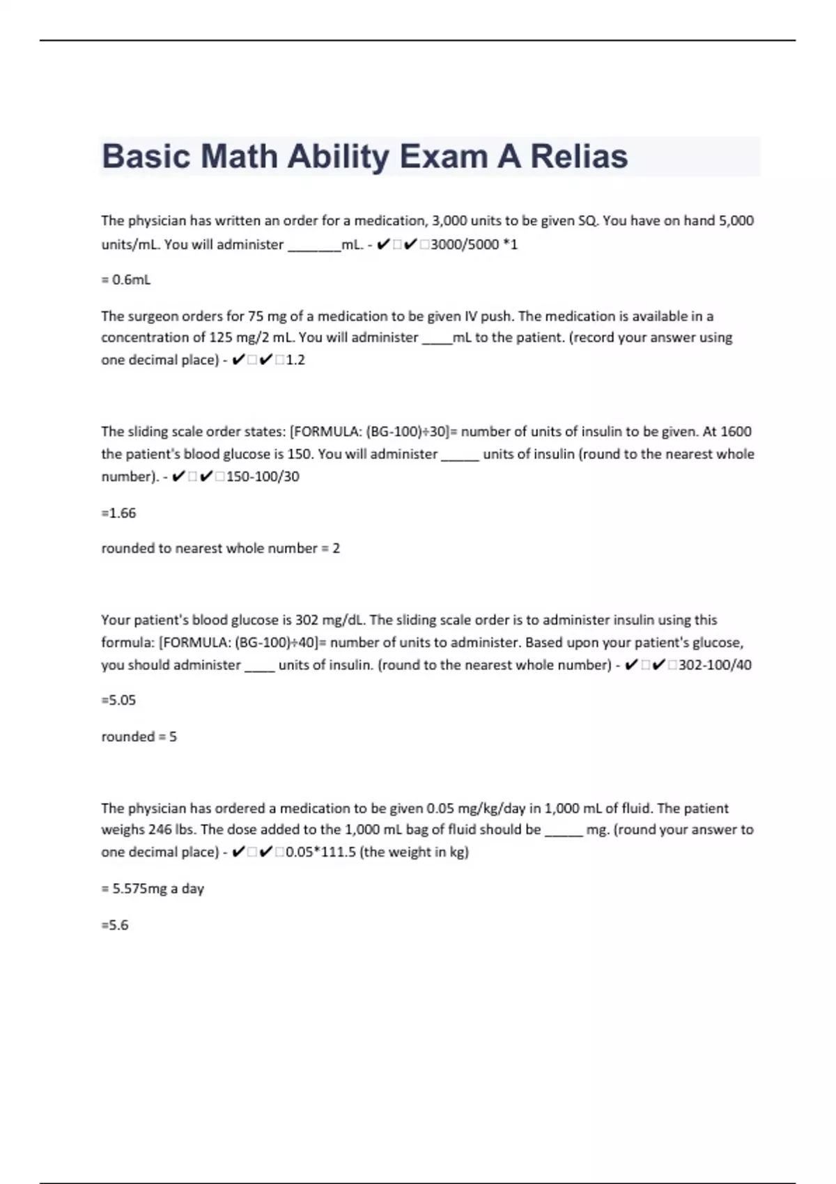 Basic Math Ability Exam A Relias Questions with 100% Correct Answers ...