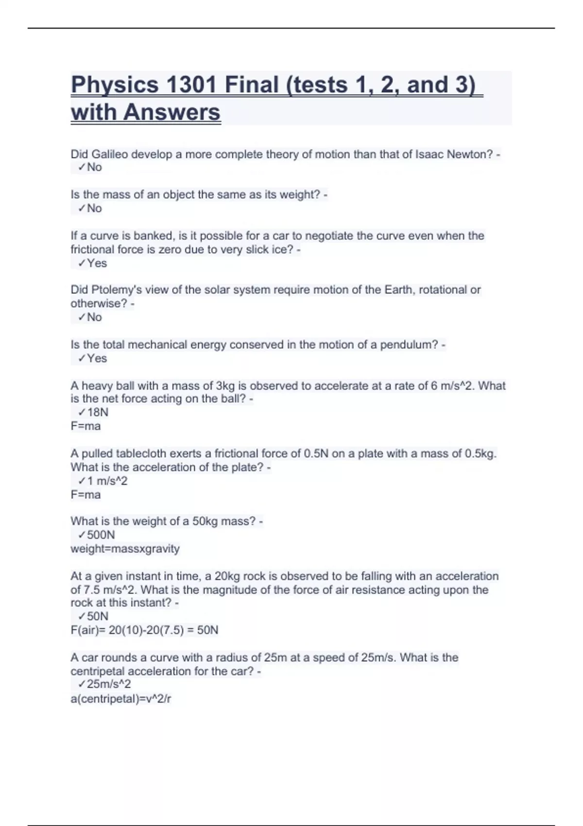 Physics 1301 Final (tests 1, 2, and 3) with Answers.latest 2023/2024 ...