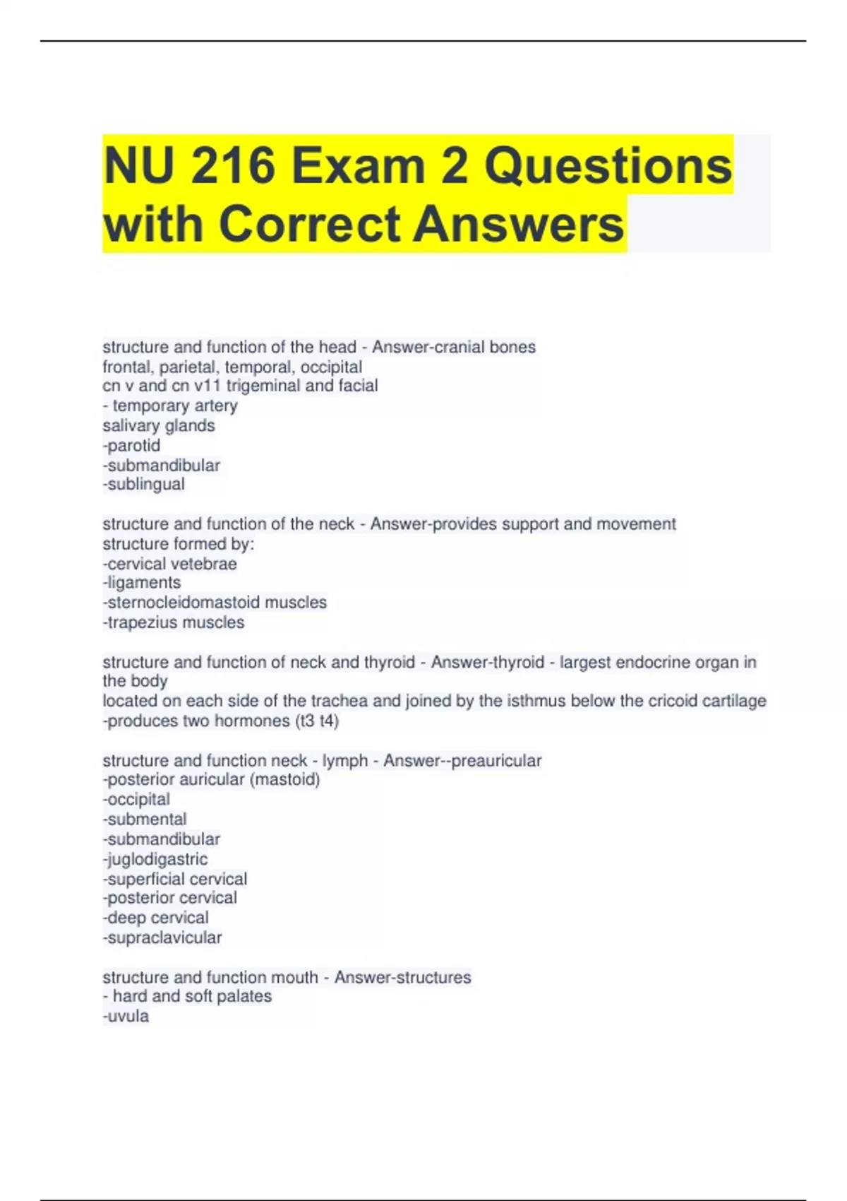 NU 216 Exam 2 Questions with Correct Answers - NU 216 - Stuvia US