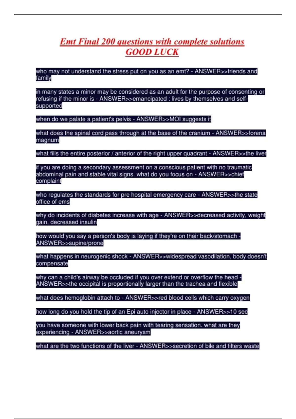 EMT FISDAP FINAL EXAM/EMT FISDAP READINESS EXAM/Emt Final 200 - Stuvia US