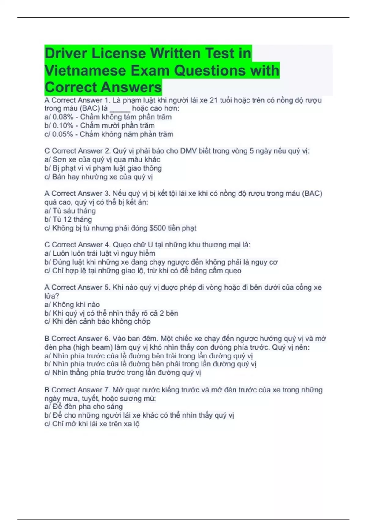 Driver License Written Test in Vietnamese Exam Questions with Correct ...