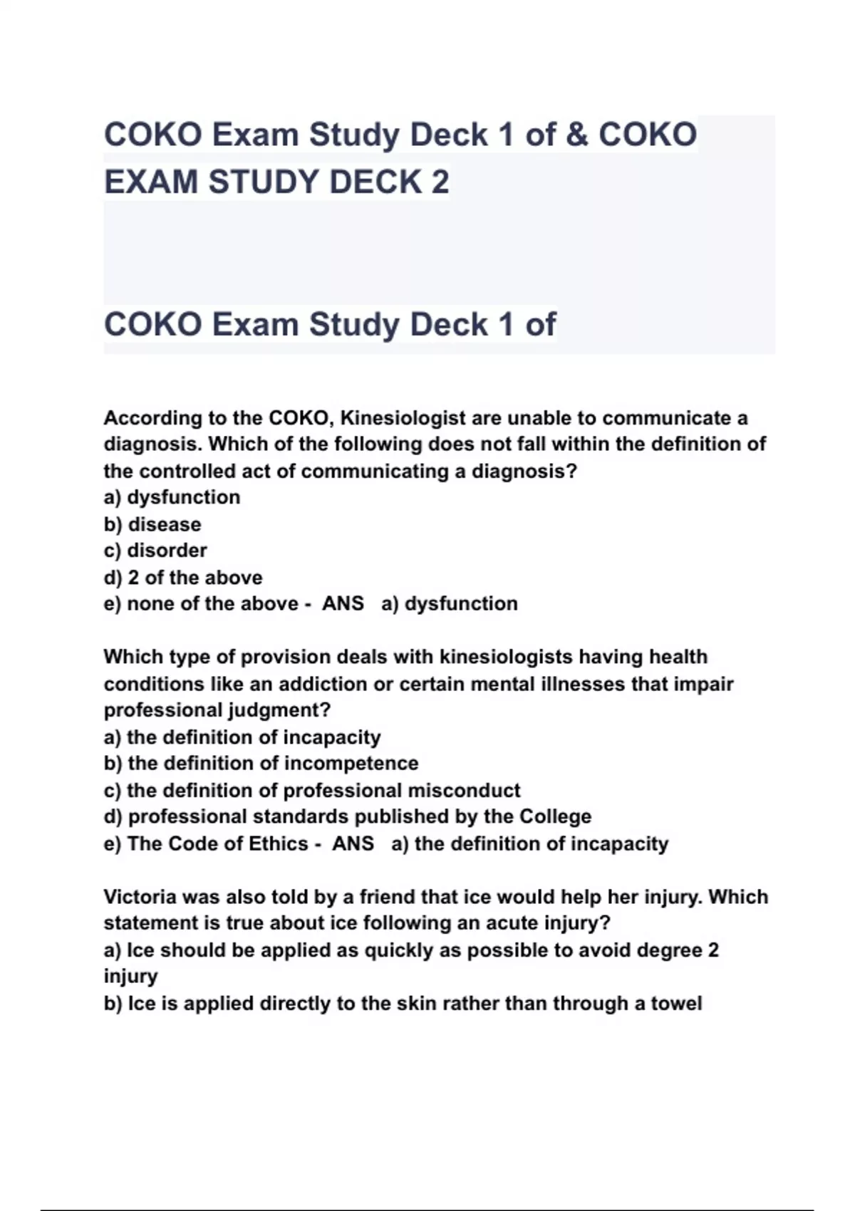 COKO Exam Study Deck 1 of & COKO EXAM STUDY DECK 2 QUESTIONS & ANSWERS ...