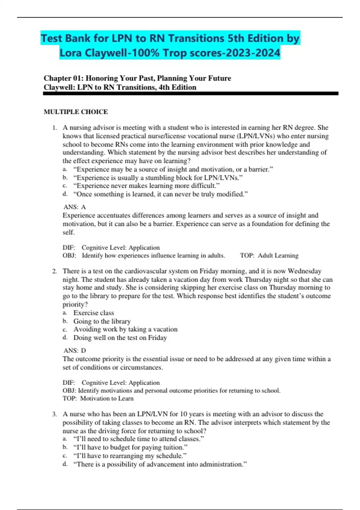 Test Bank for LPN to RN Transitions 5th Edition by Lora Claywell-100 ...