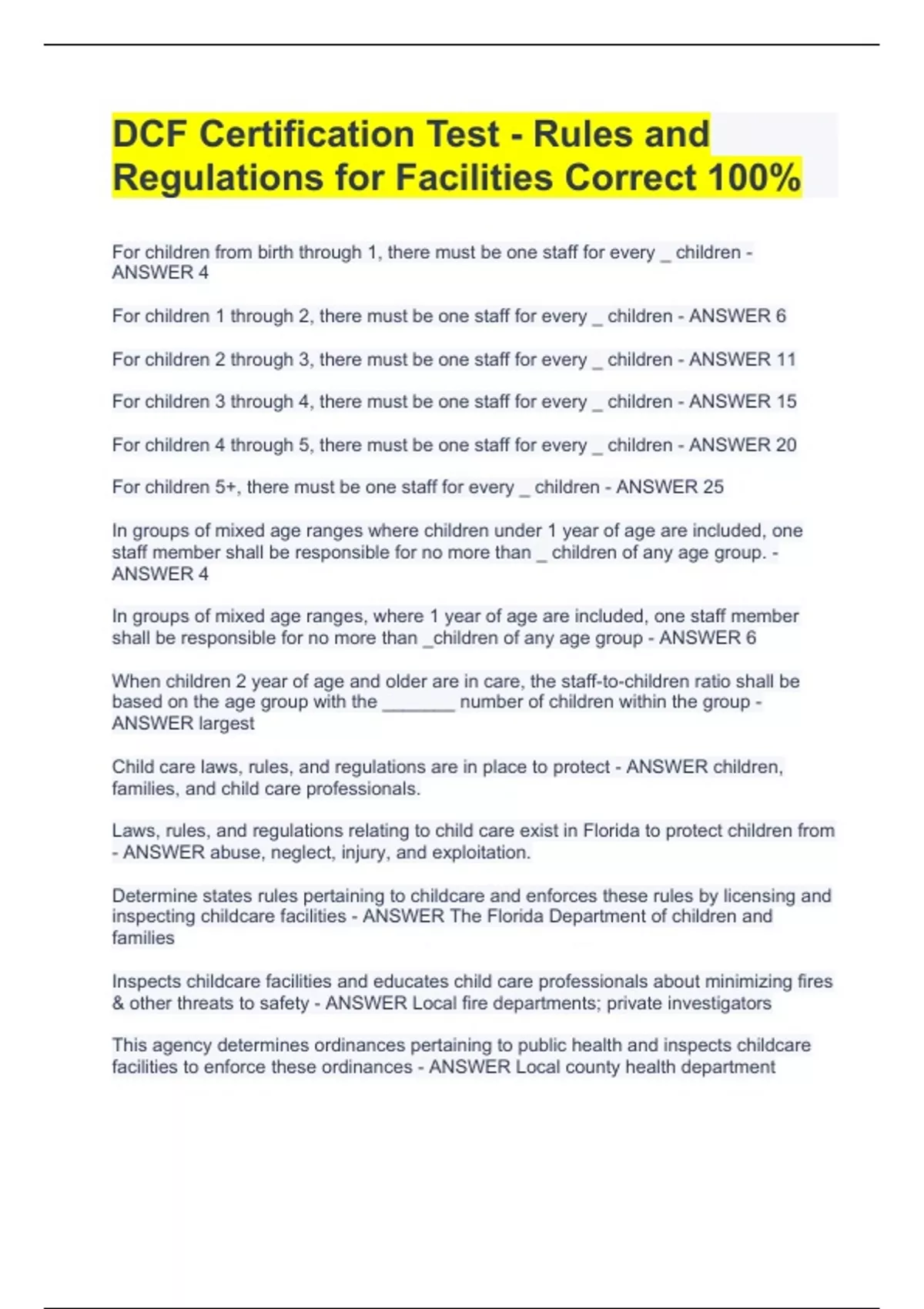 DCF Certification Test - Rules and Regulations for Facilities Correct ...