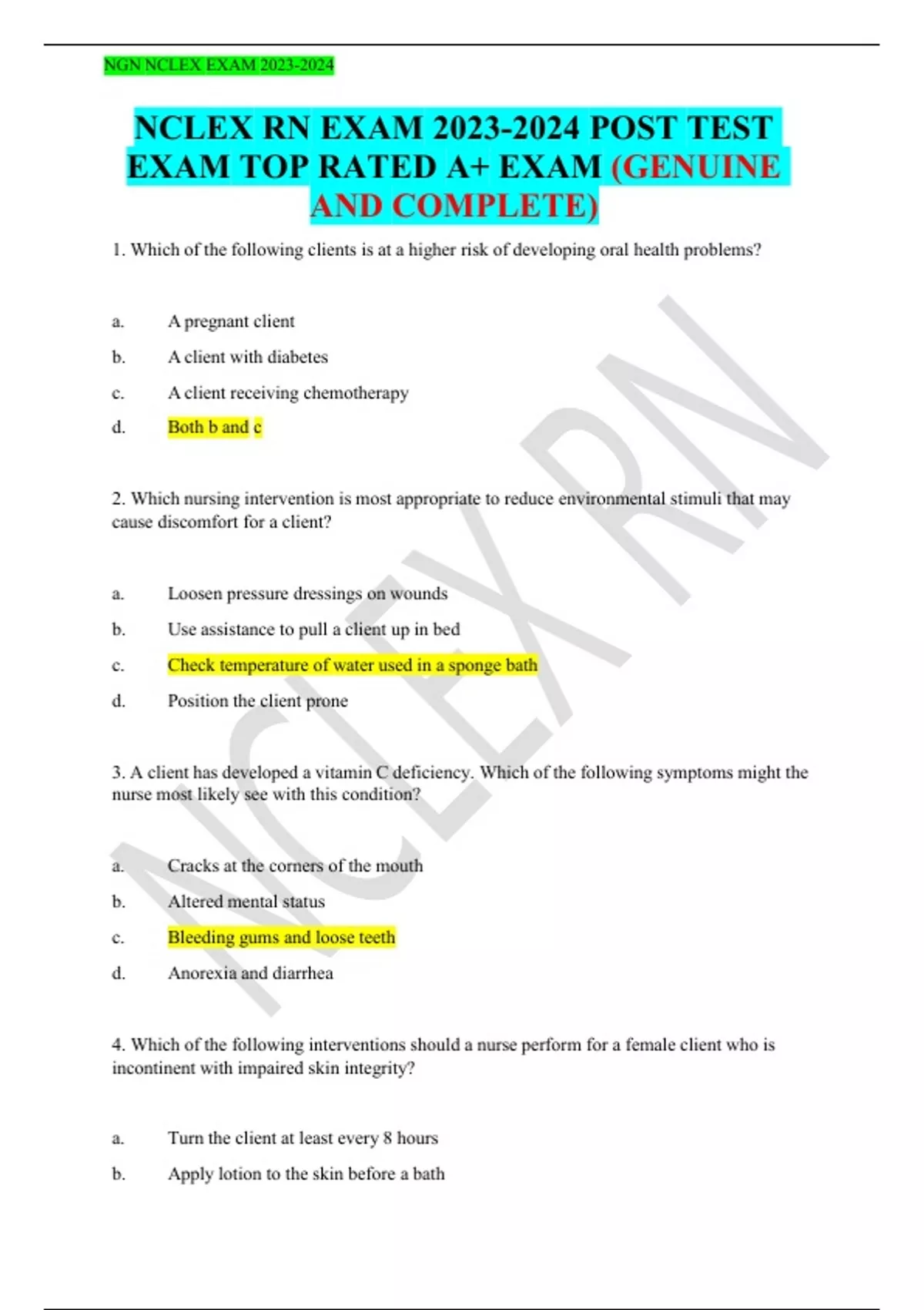 NCLEX RN EXAM POST TEST EXAM TOP RATED A+ EXAM (GENUINE AND COMPLETE ...