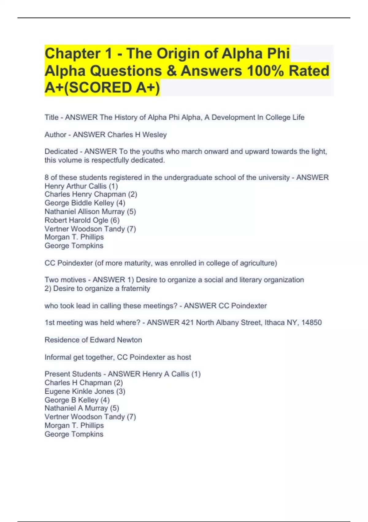 Chapter 1 - The Origin of Alpha Phi Alpha Questions & Answers 100% ...