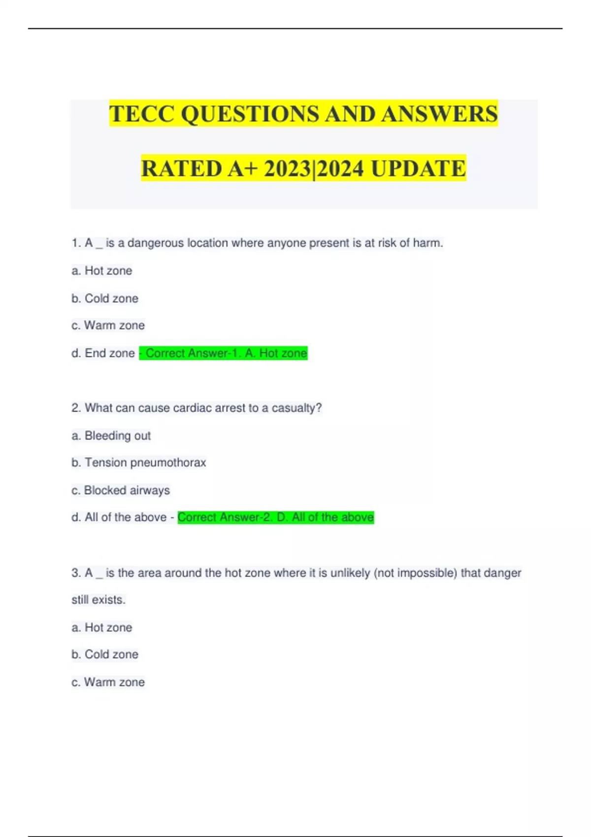 TECC QUESTIONS AND ANSWERS RATED A+ 2023|2024 UPDATE - TECC - Stuvia US