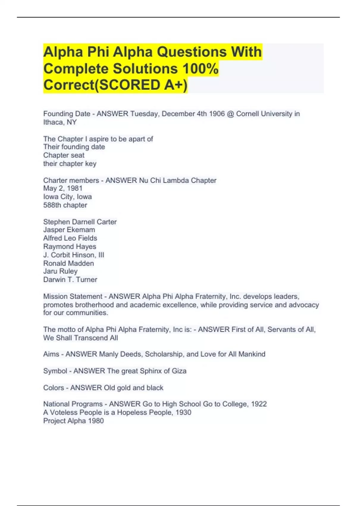 Alpha Phi Alpha Questions With Complete Solutions 100% Correct(SCORED ...