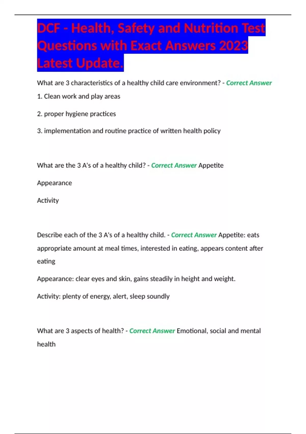 DCF - Health, Safety and Nutrition Test Questions with Exact Answers ...