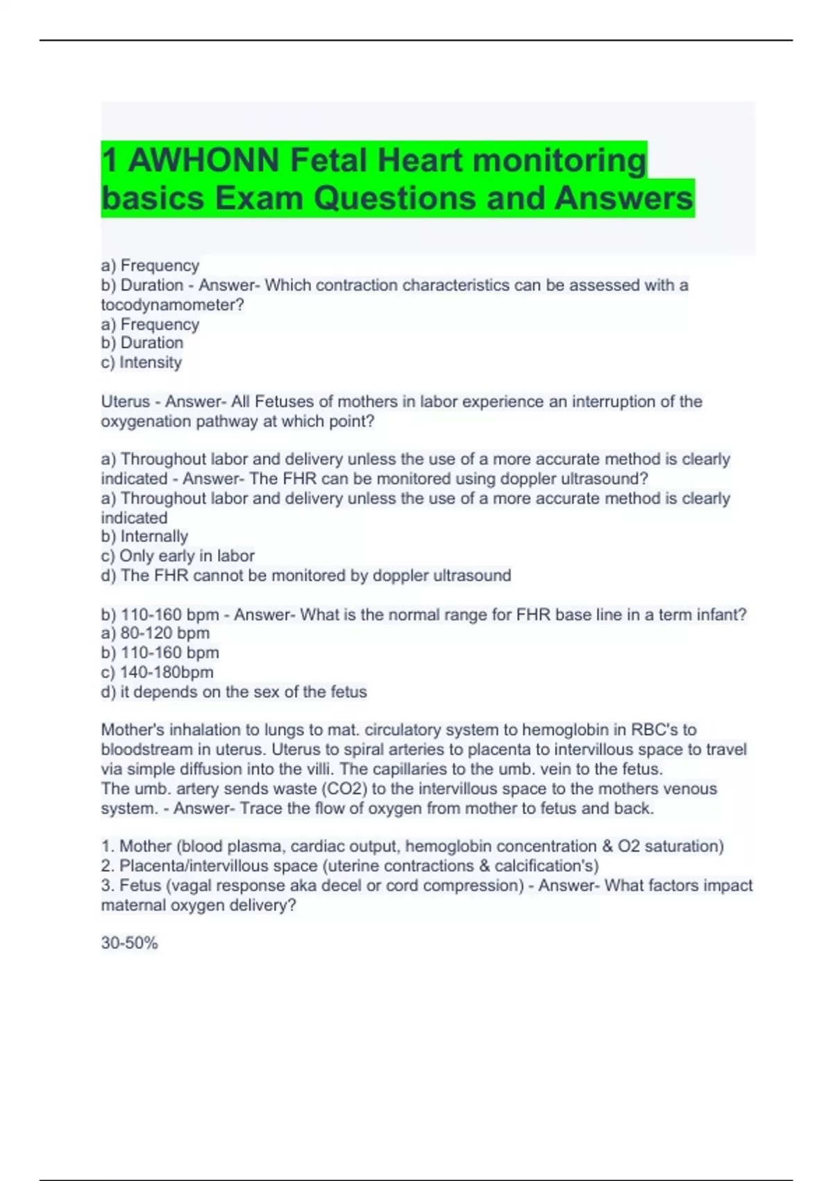 1 AWHONN Fetal Heart monitoring basics Exam Questions and Answers ...