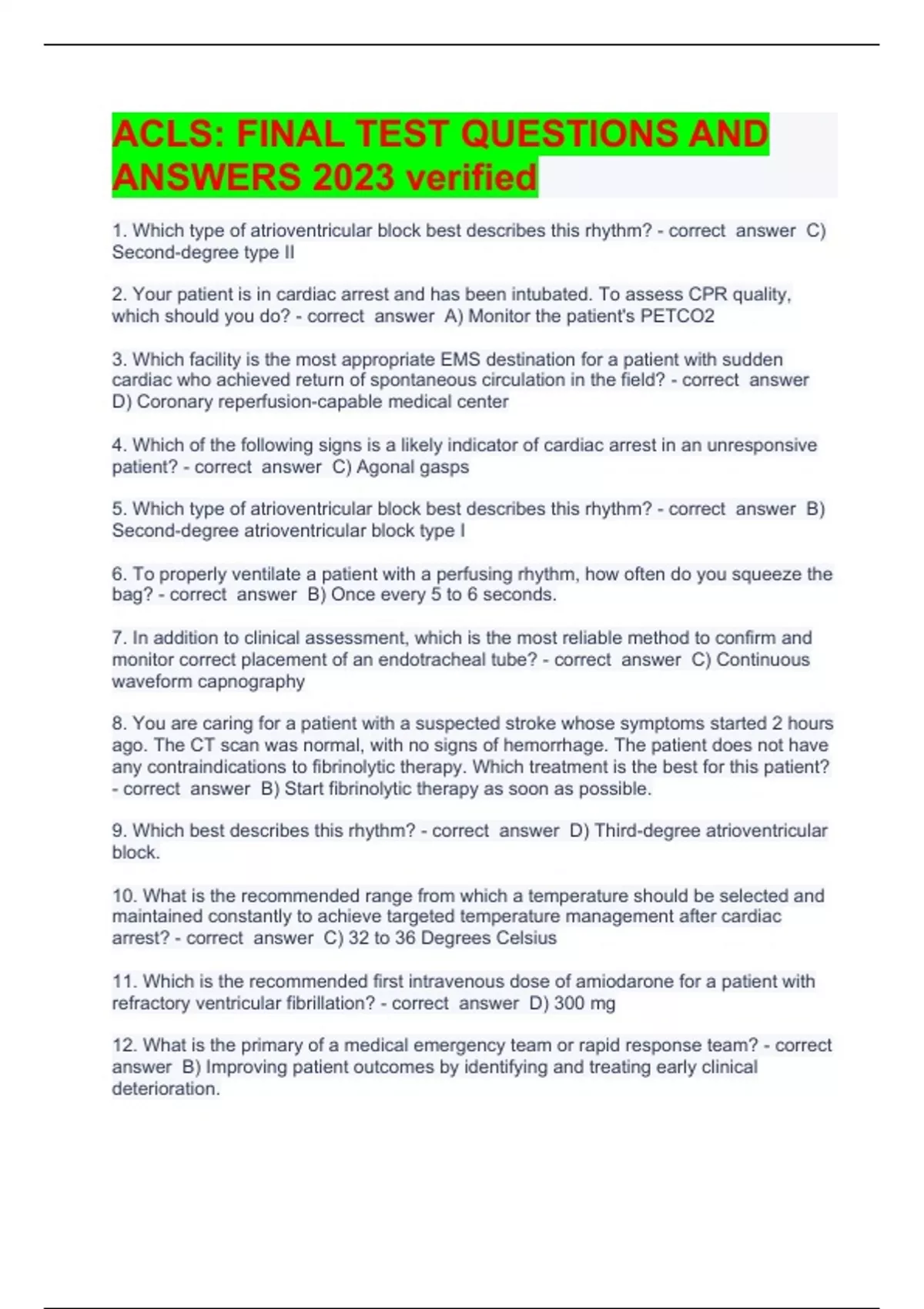 PACKAGE DEAL OF ACLS QUESTIONS WITH COMPLETE SOLUTION 2023 - Stuvia US