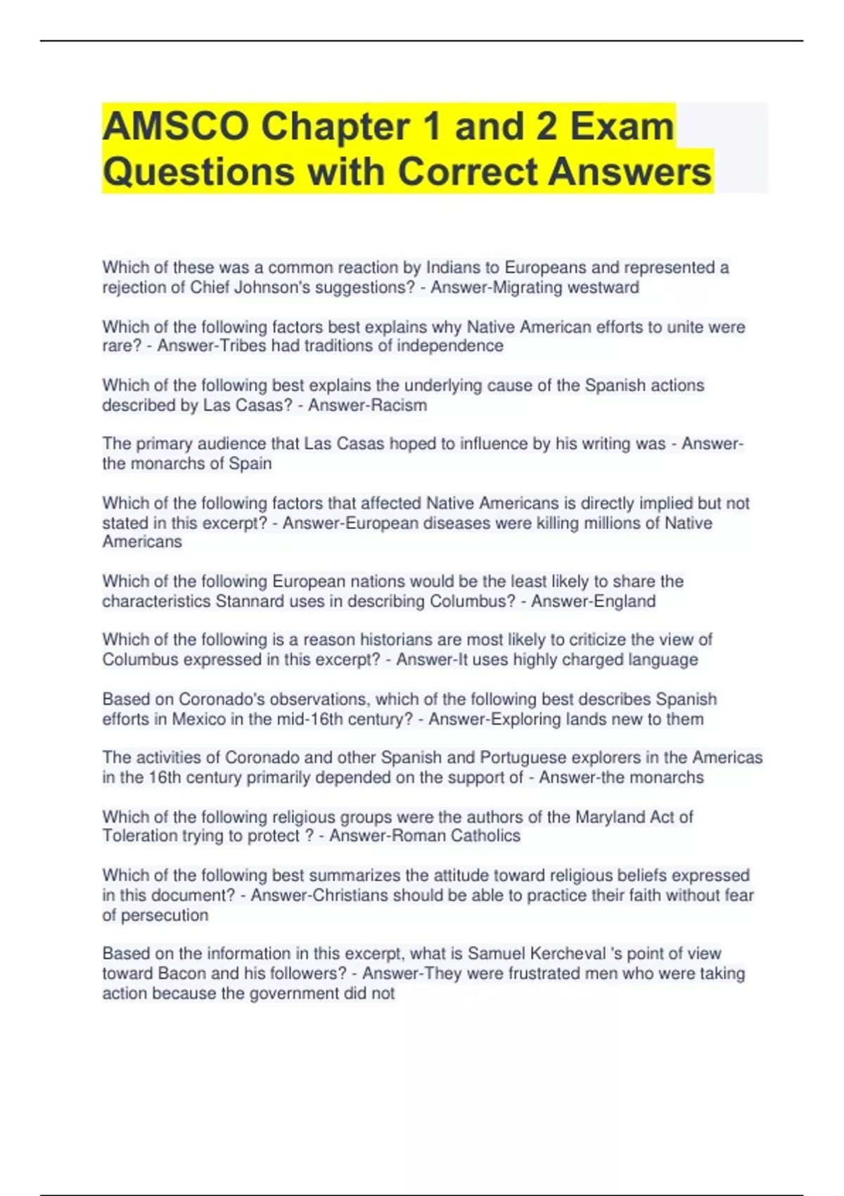 AMSCO Chapter 1 and 2 Exam Questions with Correct Answers - AMSCO - Stuvia US