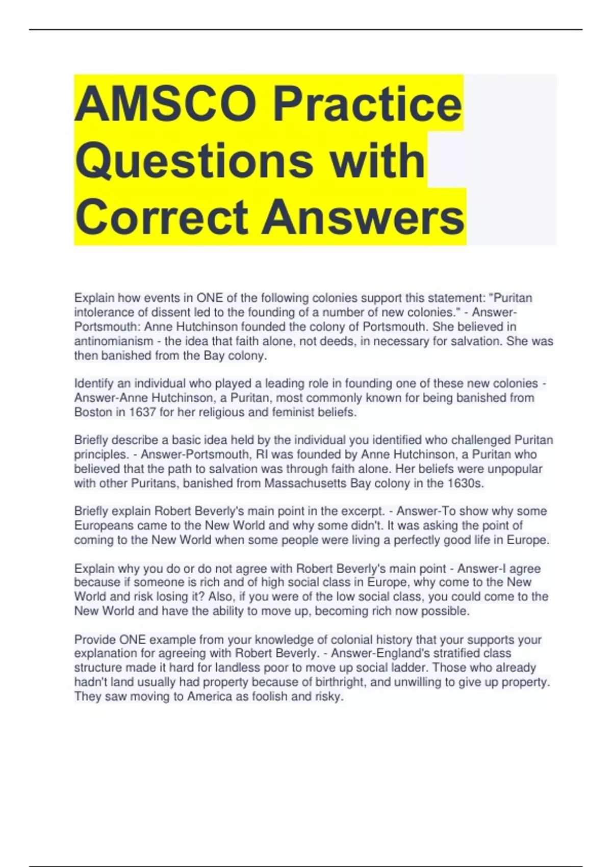 AMSCO Practice Questions with Correct Answers - AMSCO - Stuvia US