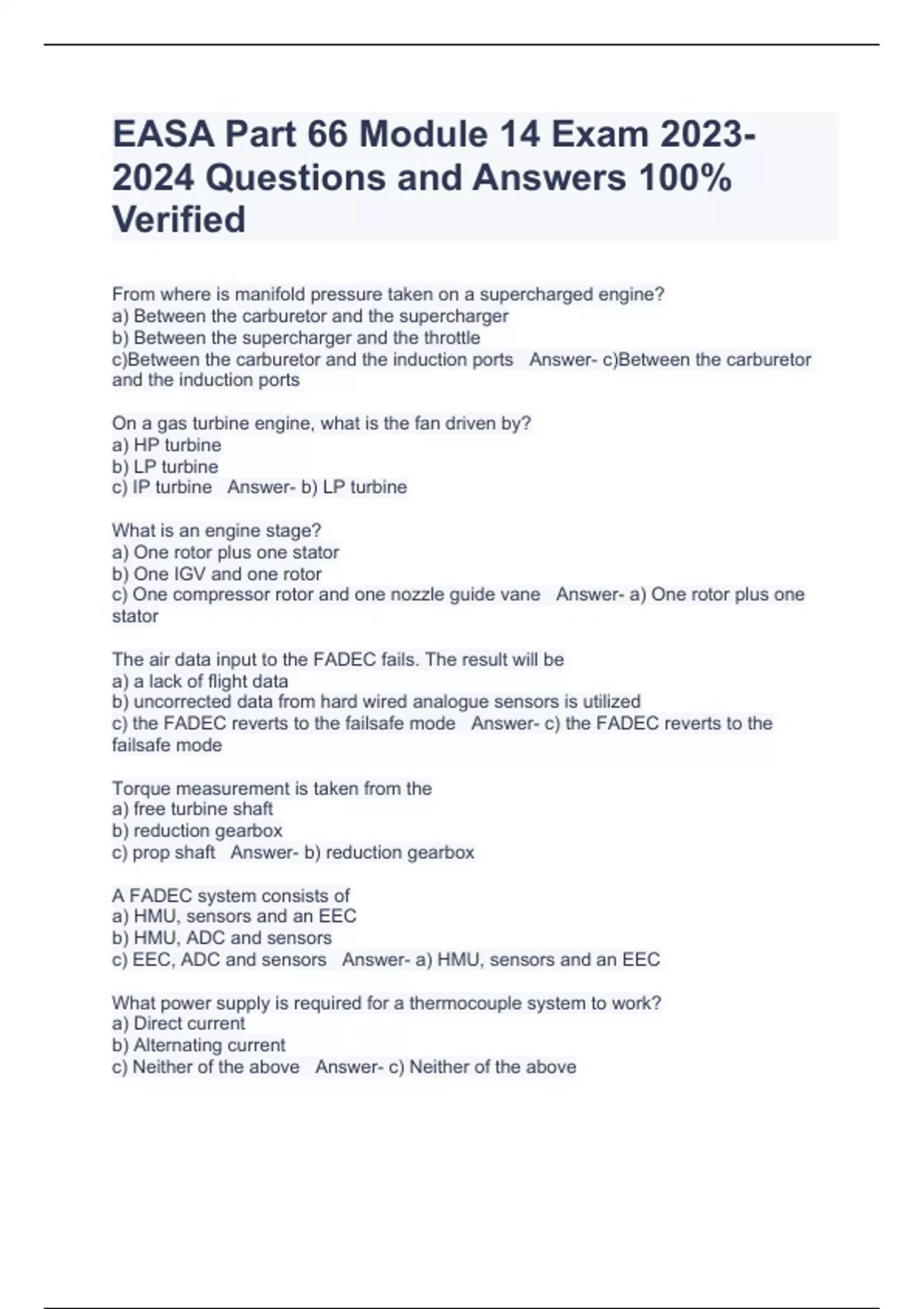 EASA Part 66 Module 14 Exam Questions and Answers 100% Verified - EASA - Stuvia US