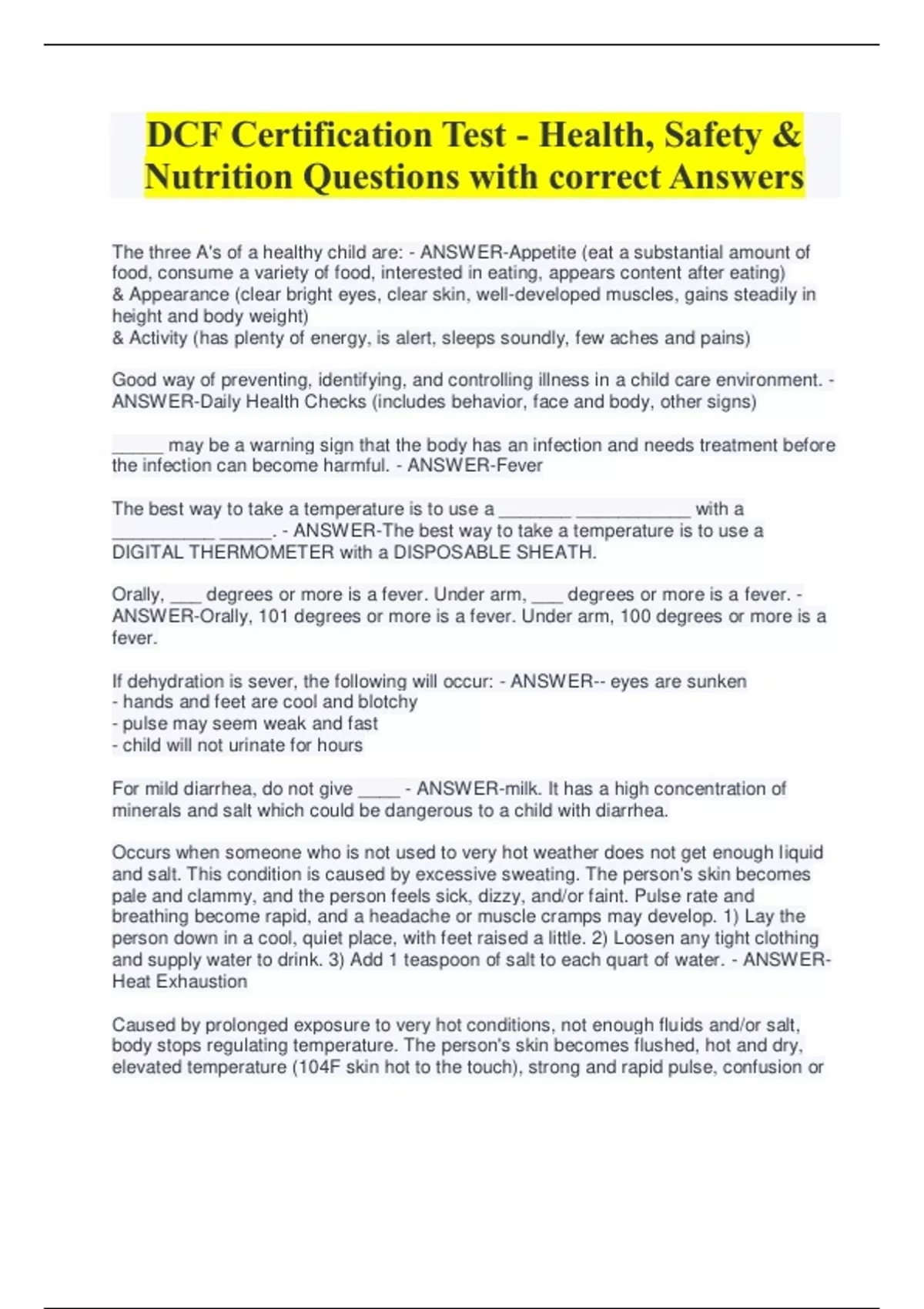 DCF Certification Test - Health, Safety & Nutrition Questions with ...