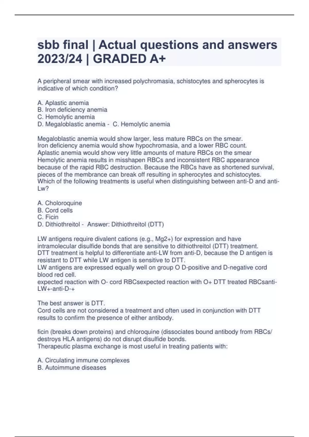 sbb final | Actual questions and answers 2023/24 | GRADED A+ - SBB ...