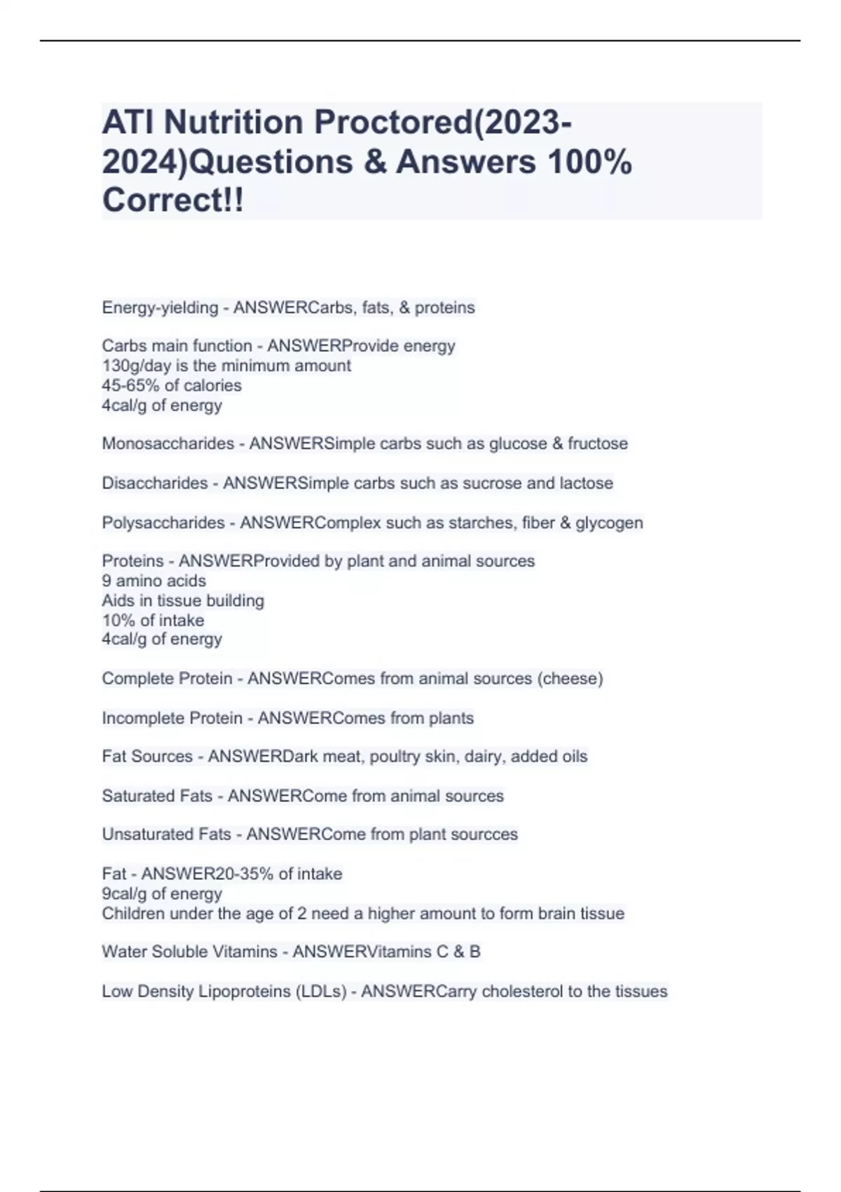 ATI Nutrition Proctored()Questions & Answers 100% Correct!! - ATI ...