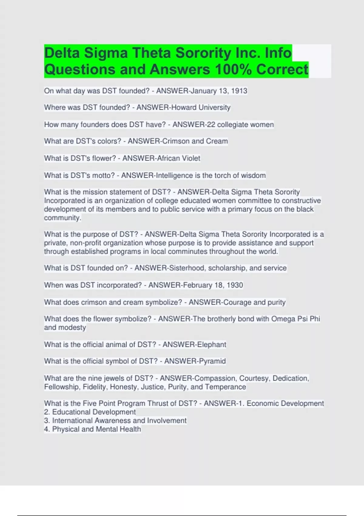 Delta Sigma Theta Sorority Inc. Info Questions and Answers 100% Correct ...
