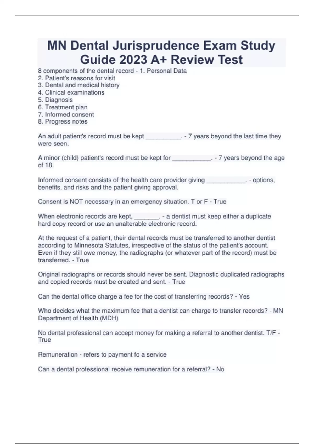 MN Dental Jurisprudence Exam Study Guide 2023 A+ Review Test - MN ...