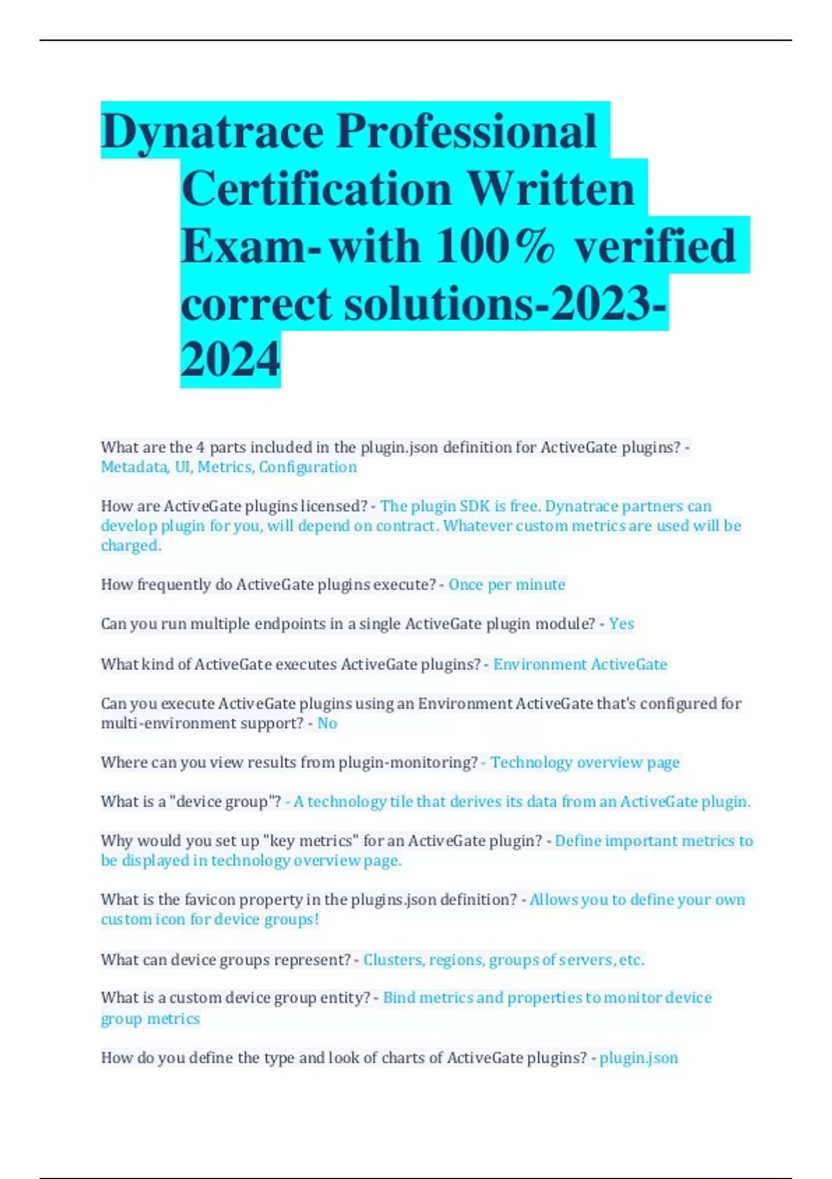 Dynatrace Professional Certification Written Exam-with 100% verified correct solutions ...