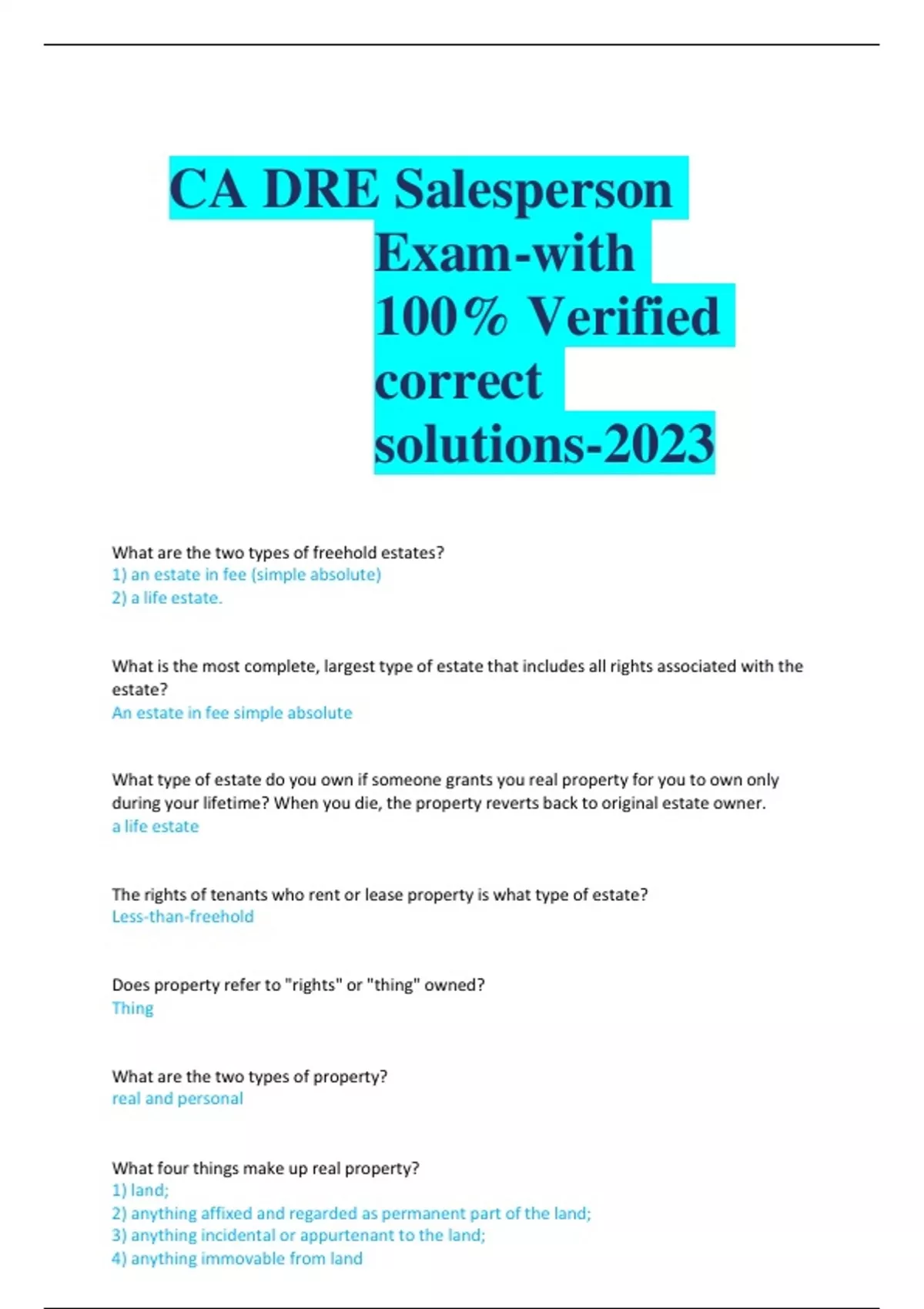 CA DRE Salesperson Exam-with 100% Verified correct solutions-2023 - CA ...