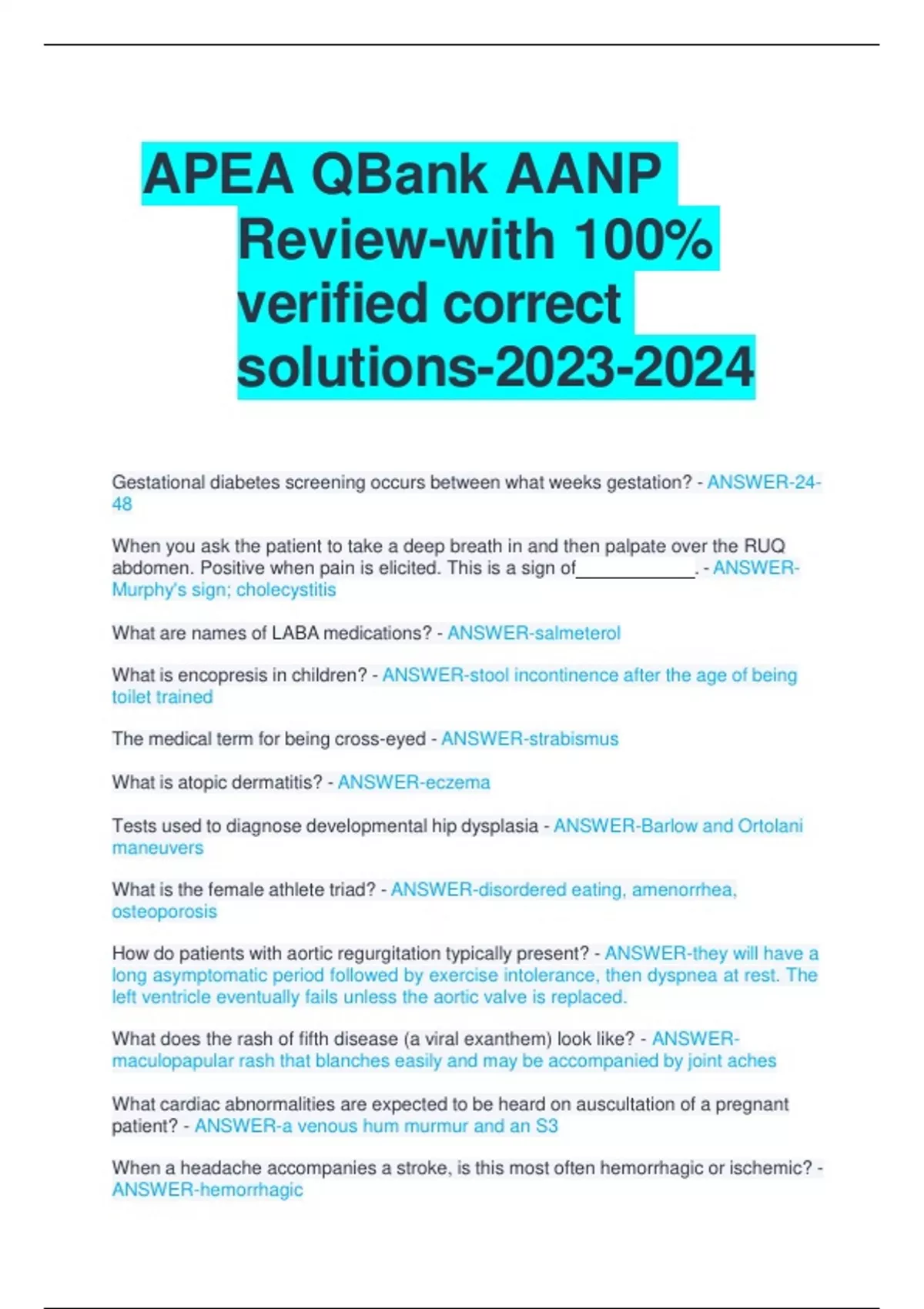 APEA QBank AANP Review-with 100% verified correct solutions- - APEA AANP - Stuvia US