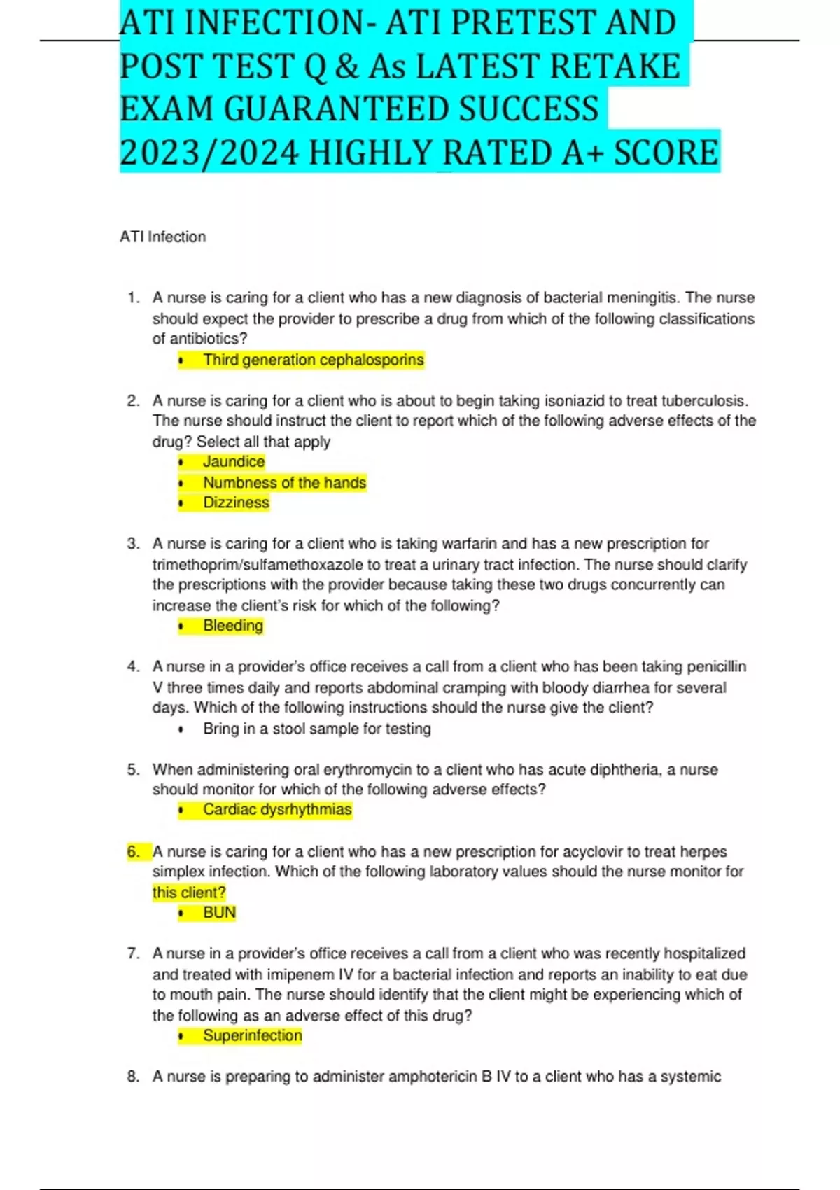 ATI INFECTION- ATI PRETEST AND POST TEST Q & As LATEST RETAKE EXAM ...