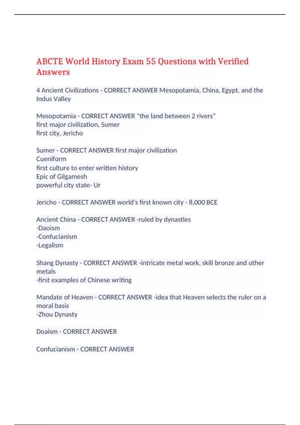 ABCTE World History Exam 55 Questions with Verified Answers,100% ...