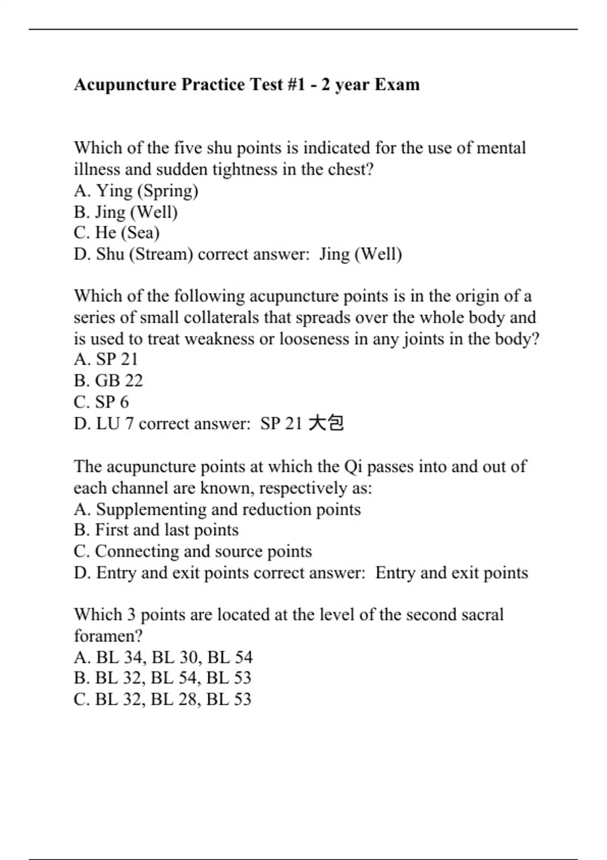 Acupuncture Practice Test #1 - 2 year Exam Questions With Complete ...